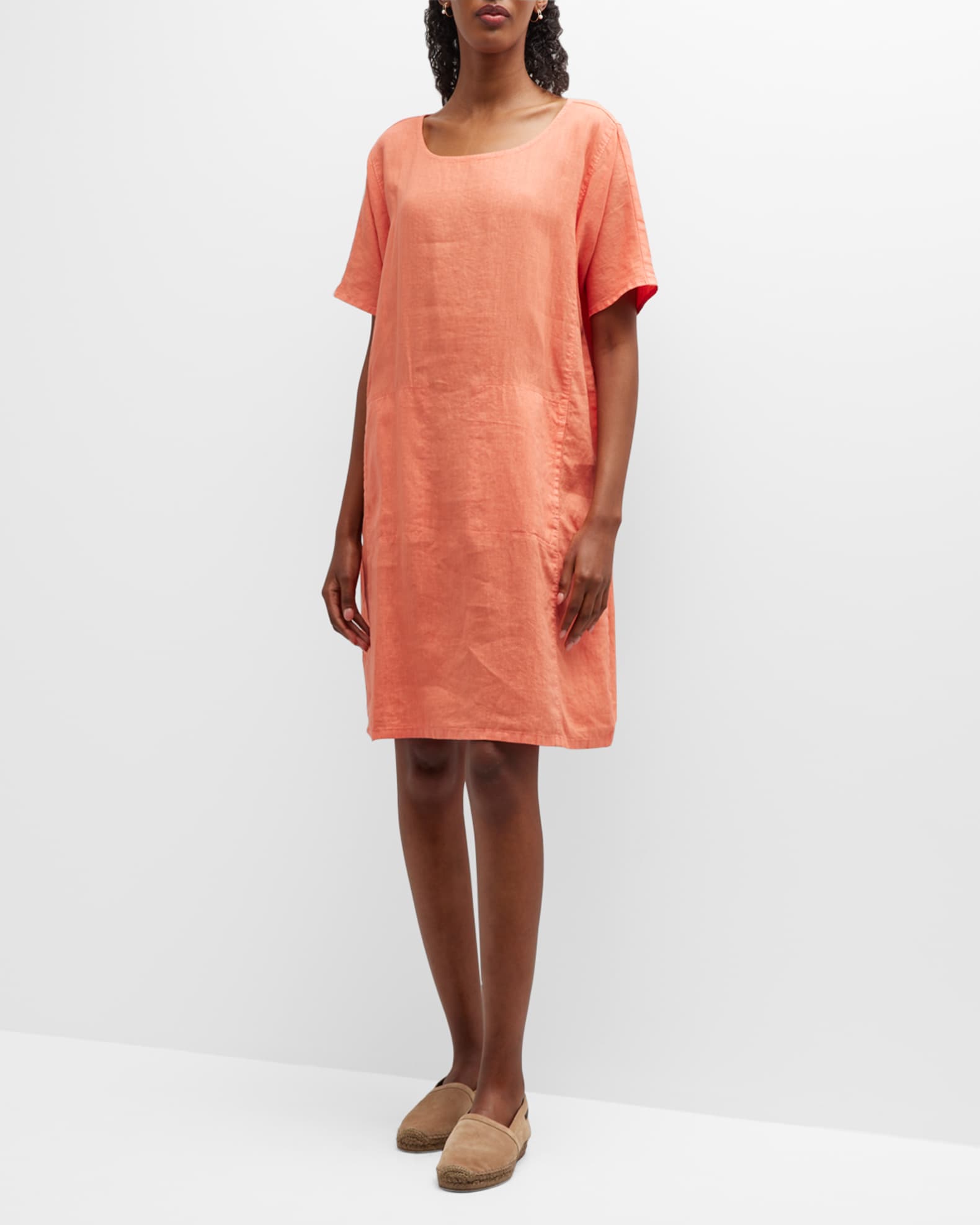 Eileen Fisher Short-Sleeve Garment-Dyed Linen Midi Dress | Neiman Marcus