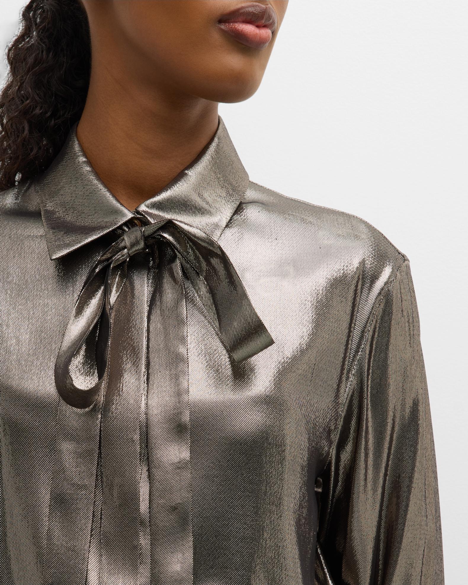 Akris Metallic Silk Neck-Tie Collared Blouse With Included Slip Tank ...