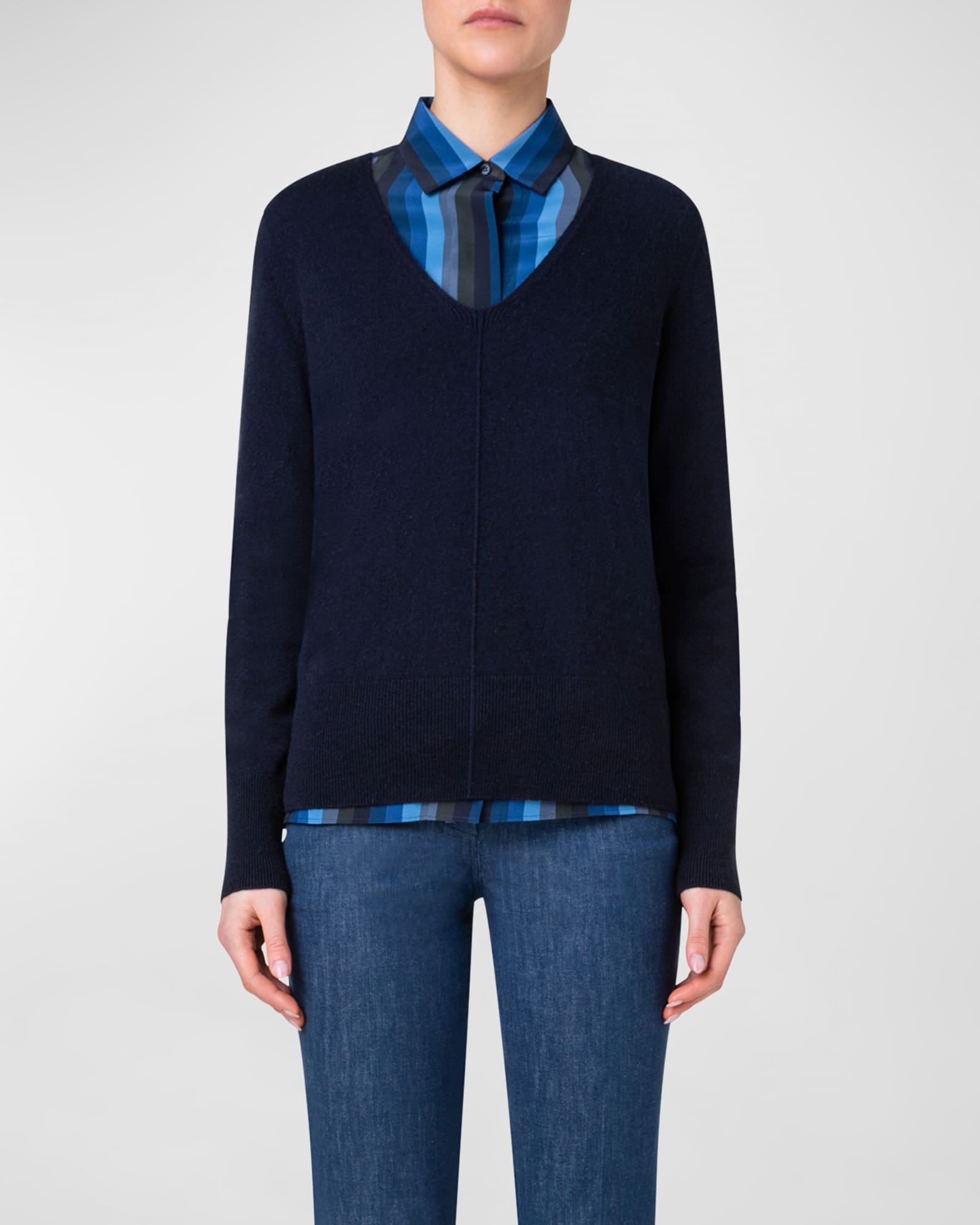 Akris V-Neck Long-Sleeve Cashmere Sweater | Neiman Marcus