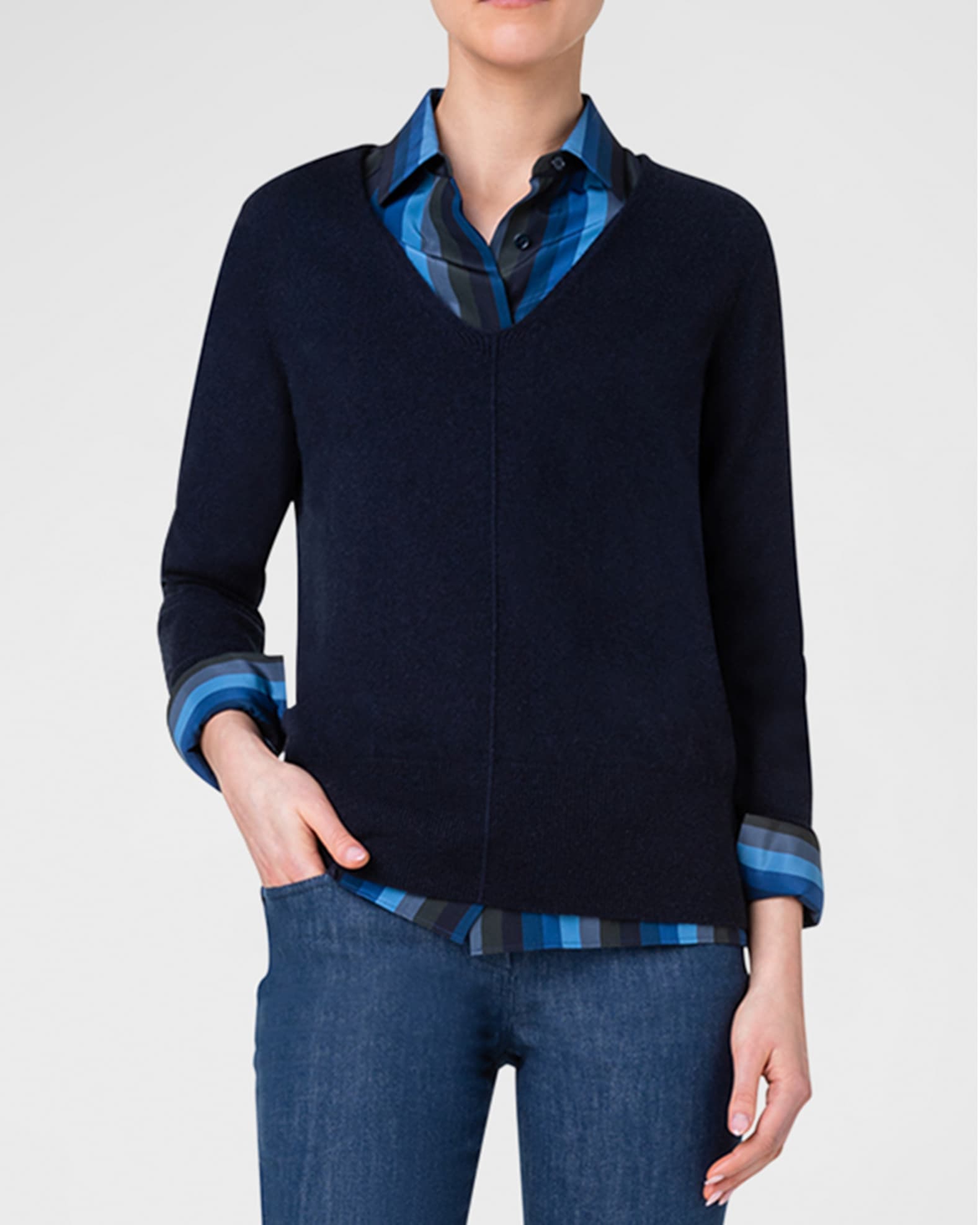 Akris V-Neck Long-Sleeve Cashmere Sweater | Neiman Marcus