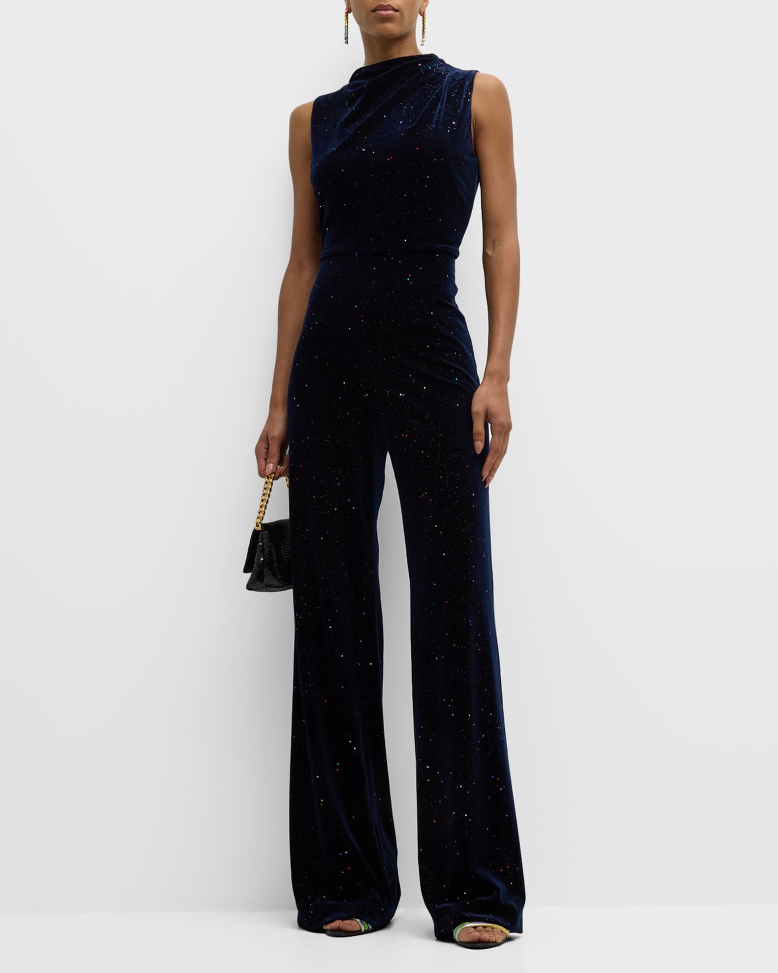 Black Halo Corrine Mock-Neck Glitter Velvet Jumpsuit | Neiman Marcus