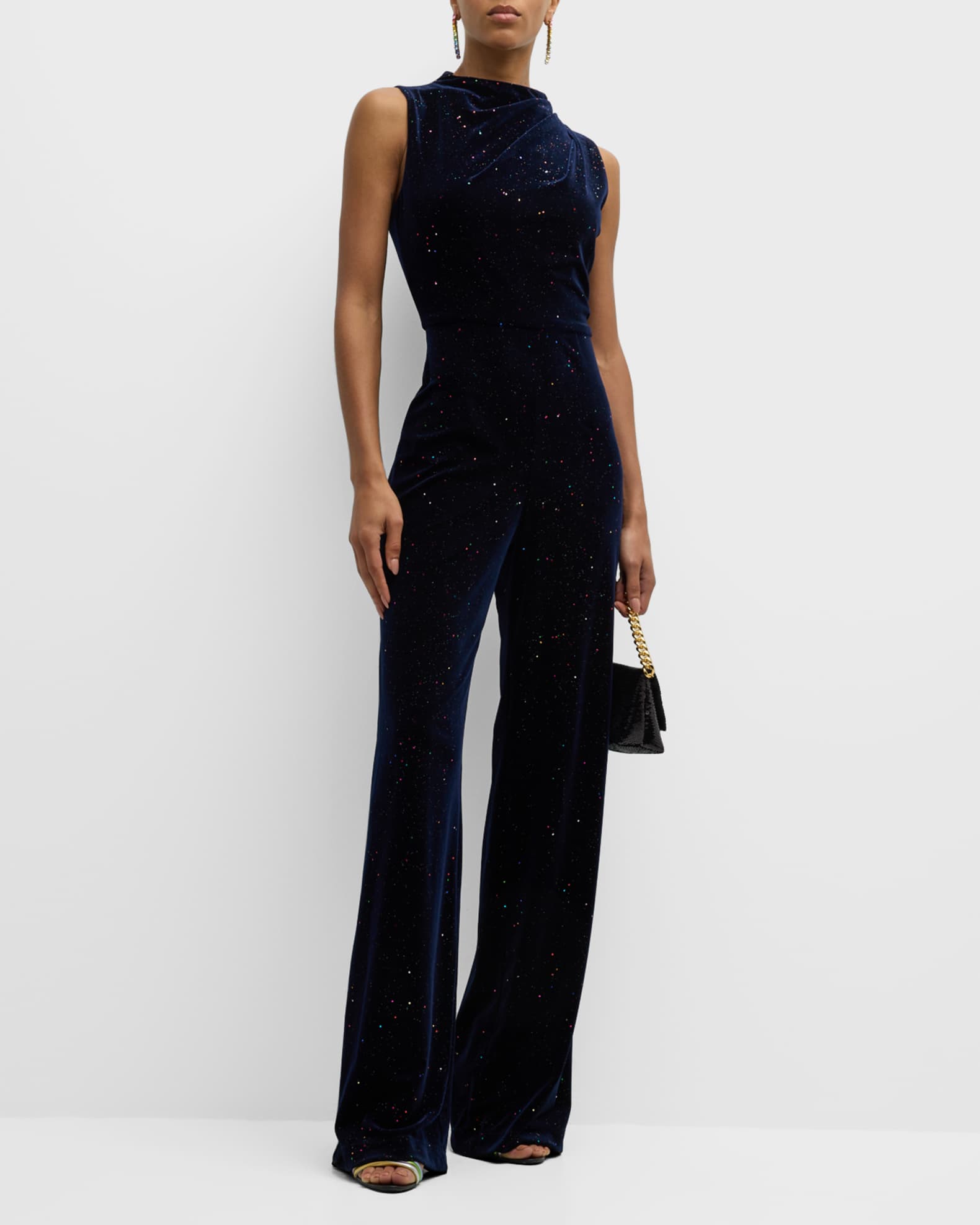 Black Halo Corrine Mock-Neck Glitter Velvet Jumpsuit | Neiman Marcus