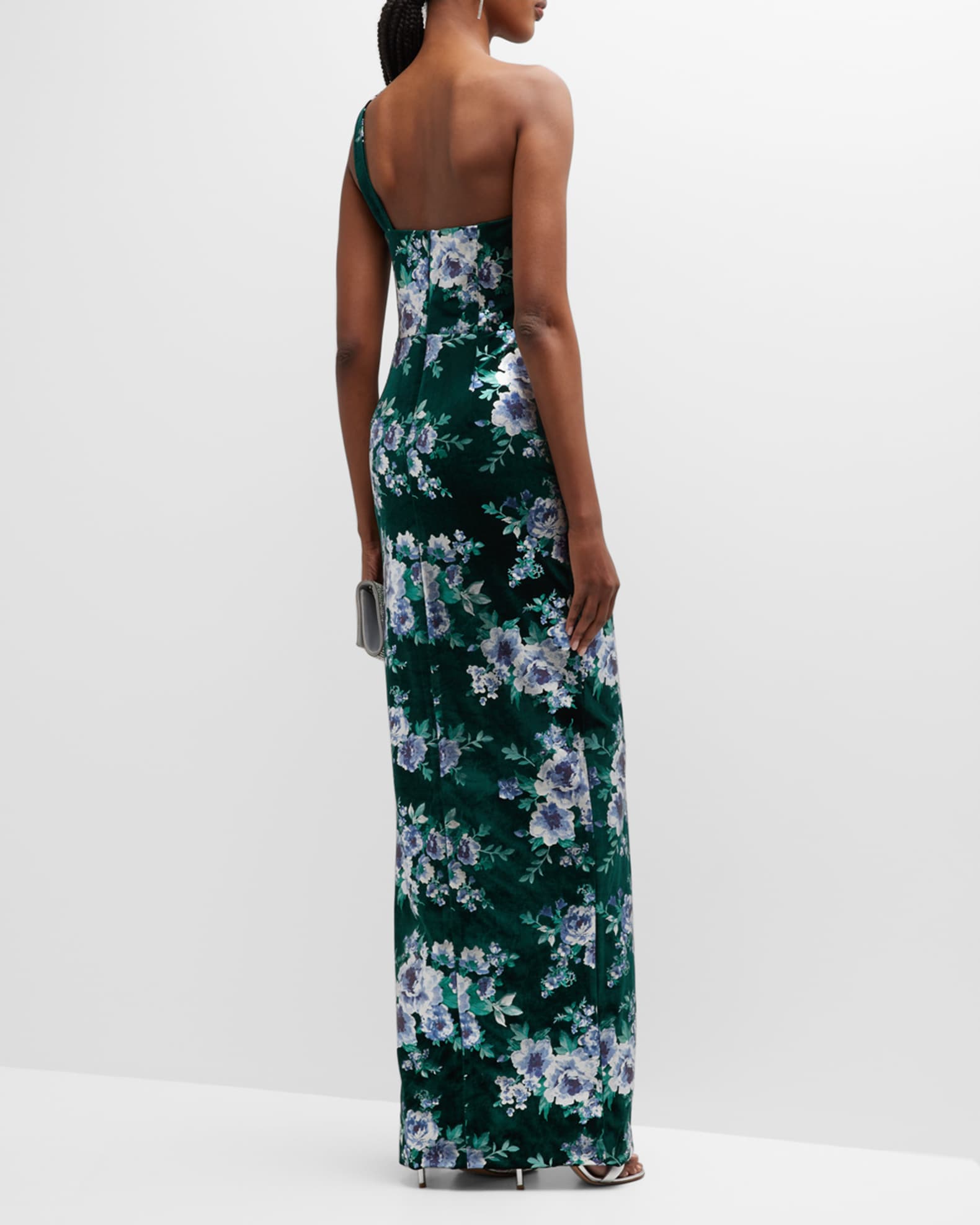 Black Halo Spice One-Shoulder Floral-Print Velvet Gown | Neiman Marcus