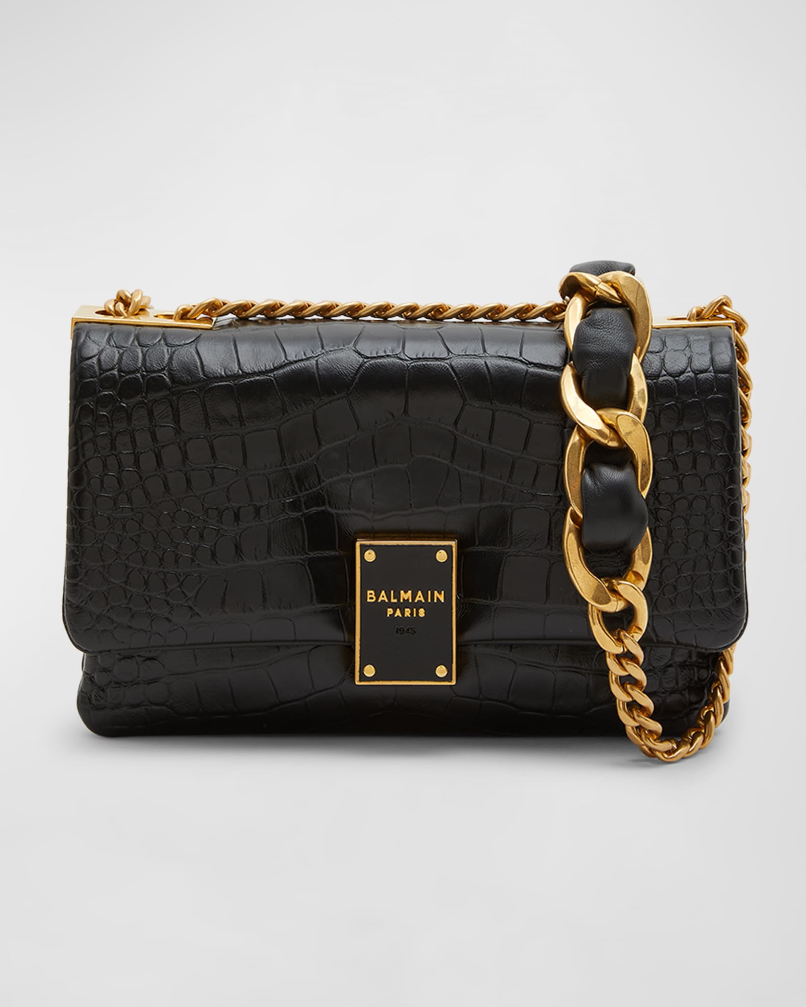 Balmain 1945 Small Croc-Embossed Chain Shoulder Bag | Neiman Marcus