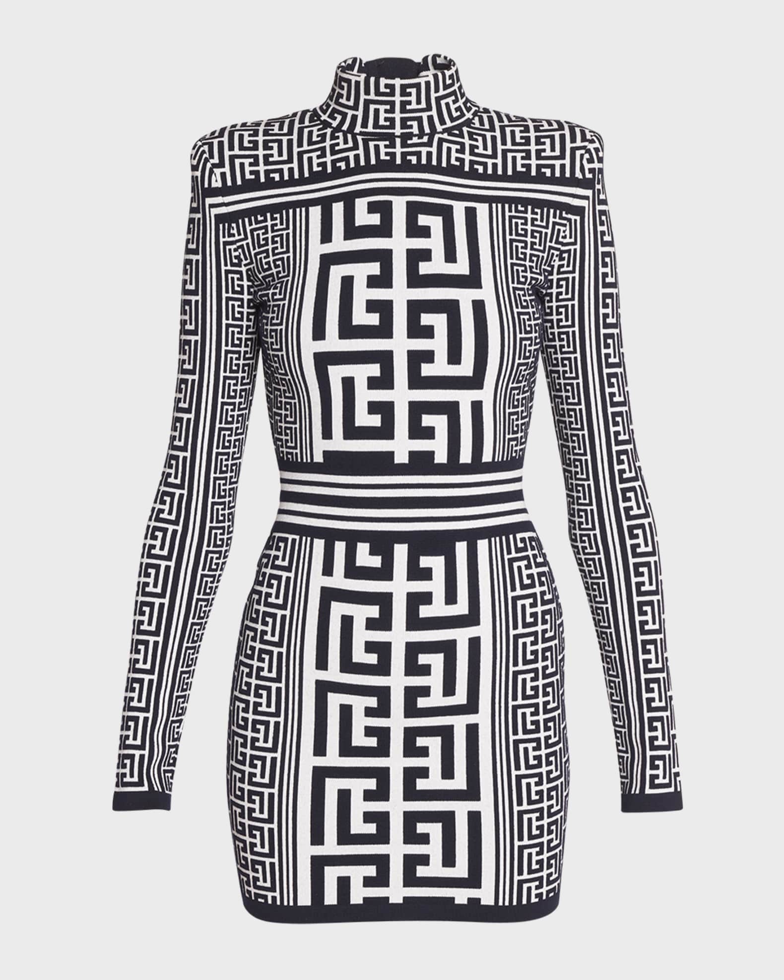 Balmain Dual Monogram Knit Mini Dress with Padded Shoulders | Neiman Marcus