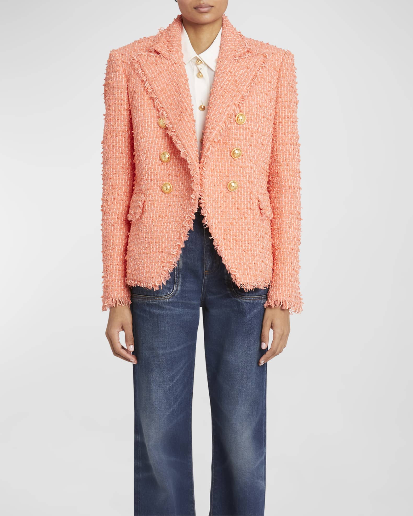 Balmain Tweed Double-Breasted Blazer Jacket | Neiman Marcus