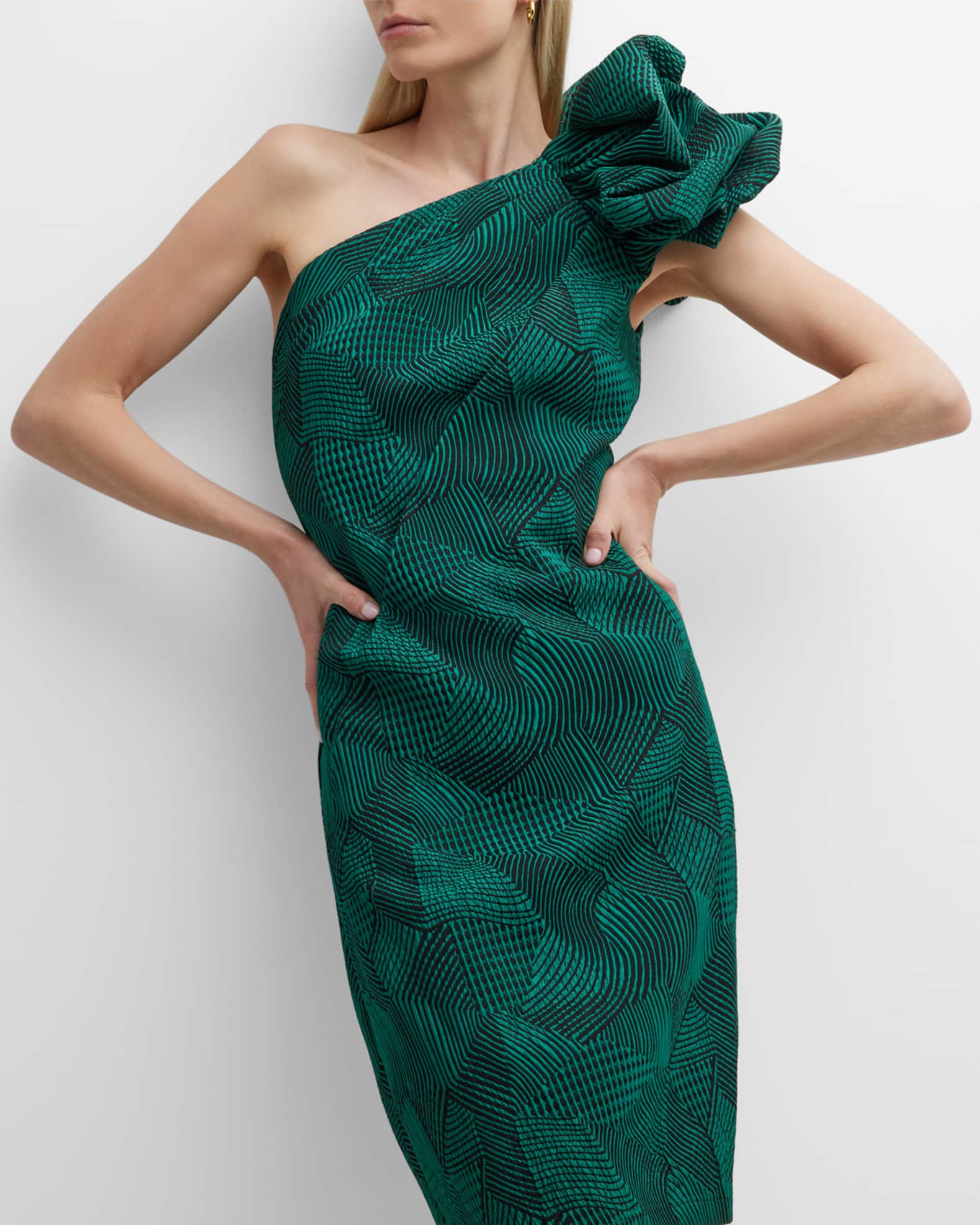 Tadashi Shoji Pleated One-Shoulder Flower Midi Dress | Neiman Marcus