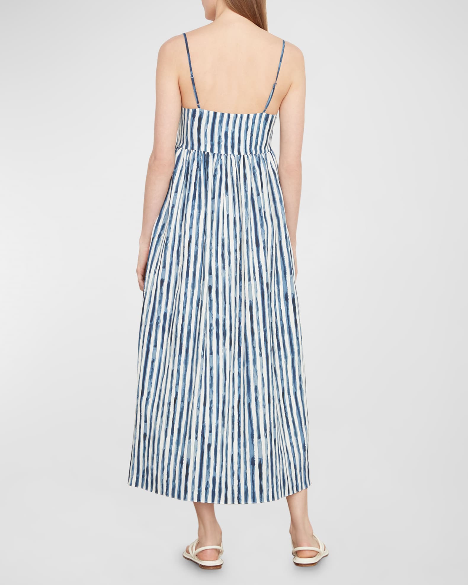 Vince Painterly Stripe Ruched Spaghetti-Strap Midi Dress | Neiman Marcus