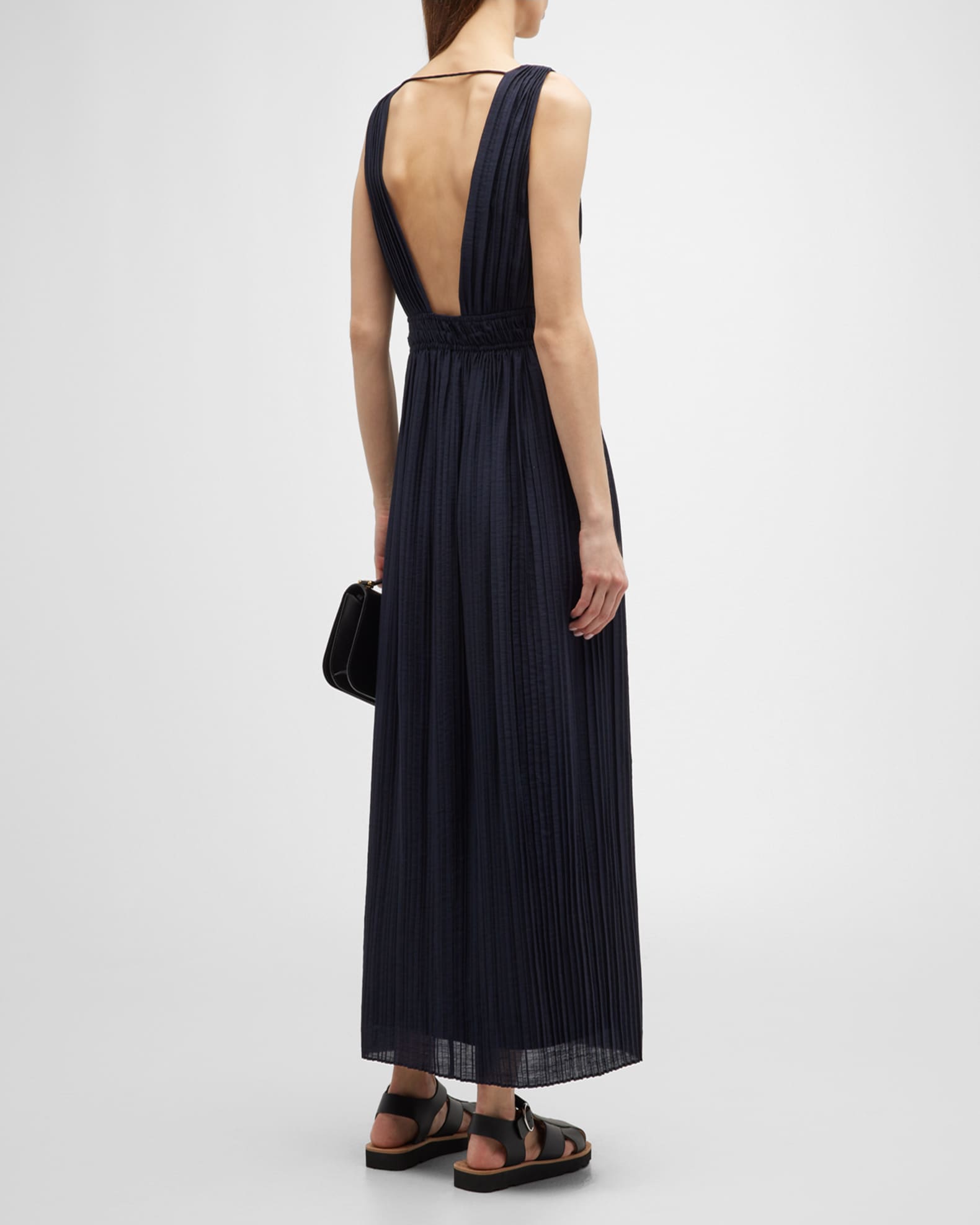 Vince Pleated Double V-Neck Sleeveless Midi Dress | Neiman Marcus