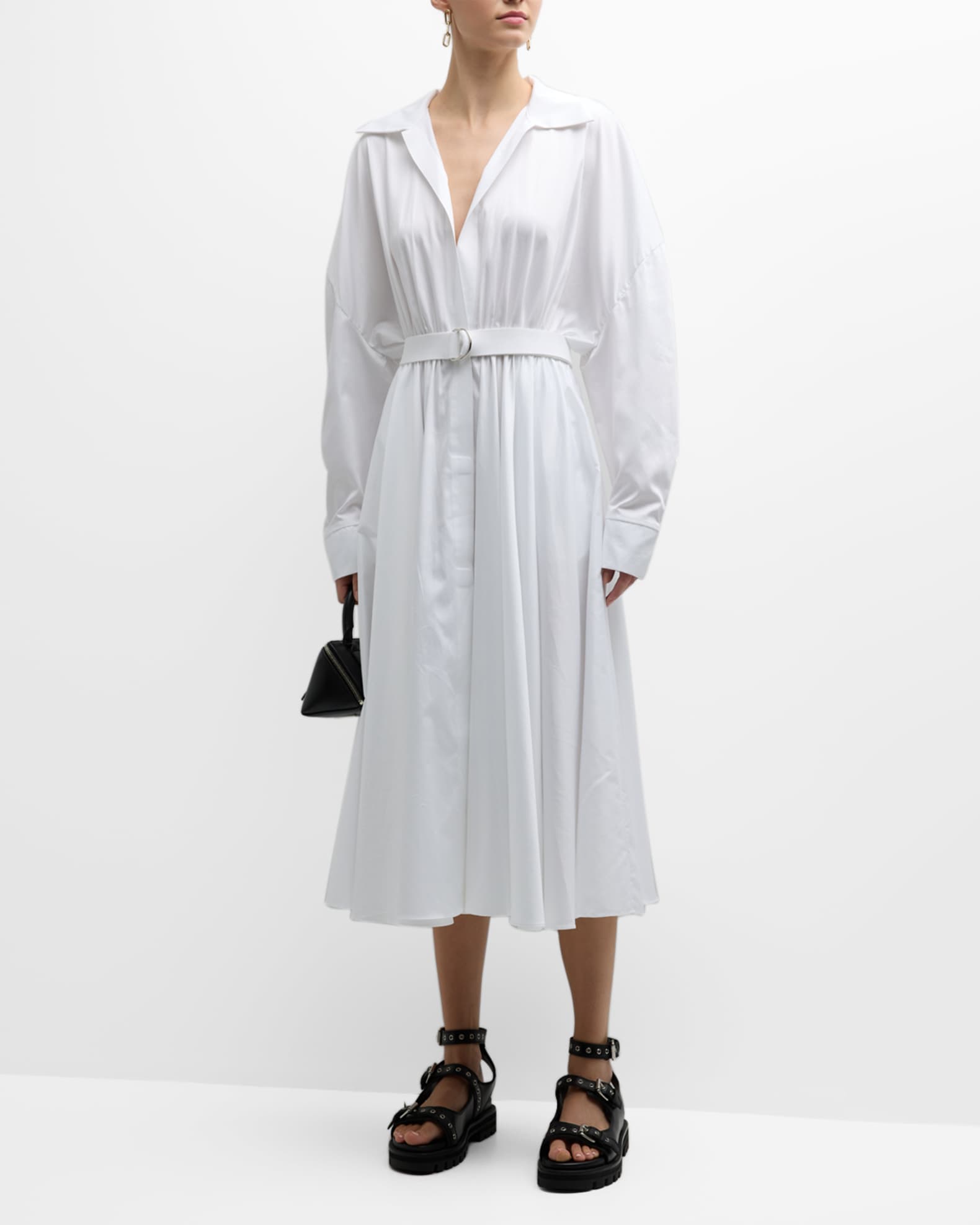 Norma Kamali Oversized Boyfriend-Neck Flared Midi Shirtdress | Neiman Marcus