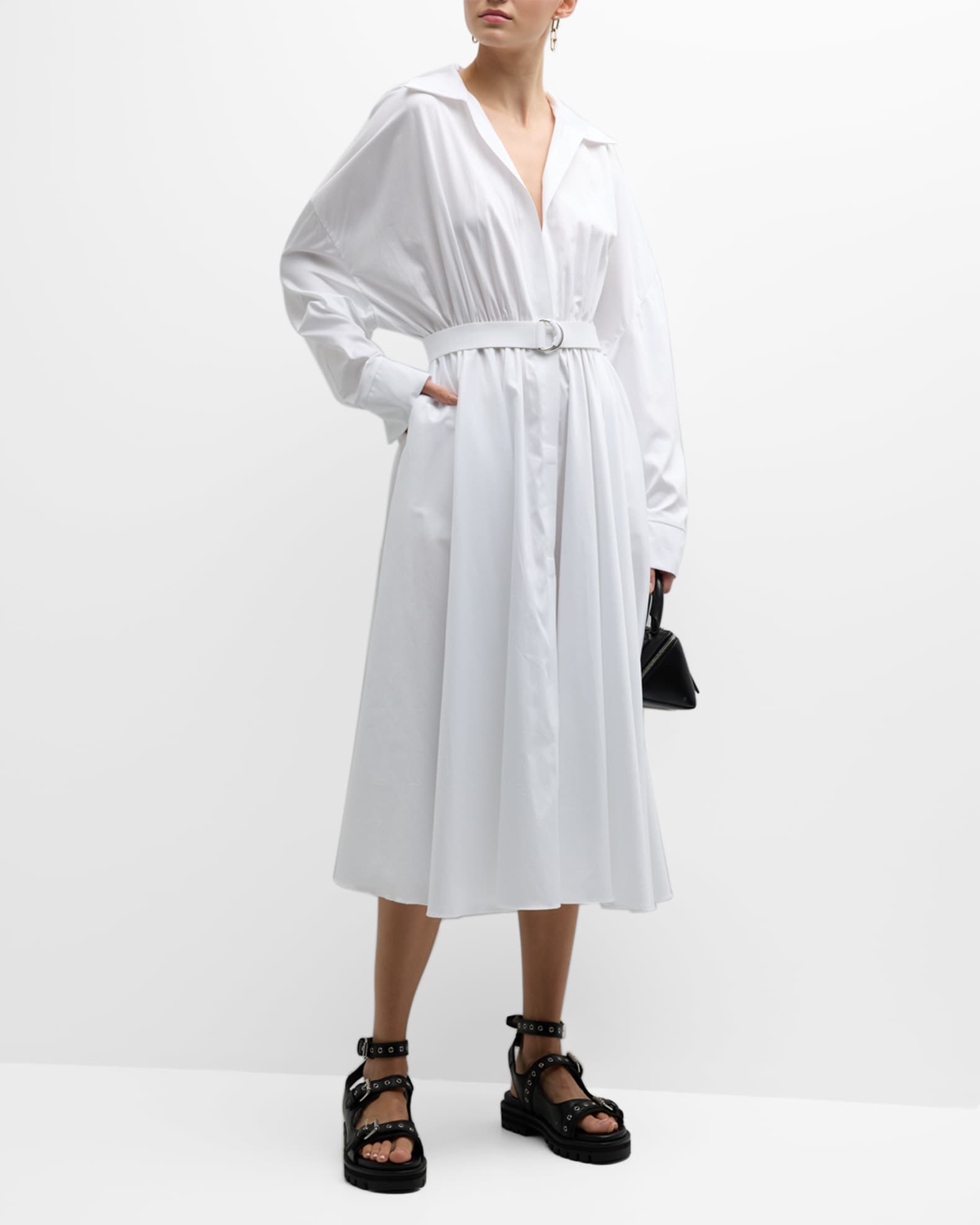 Norma Kamali Oversized Boyfriend-Neck Flared Midi Shirtdress | Neiman Marcus