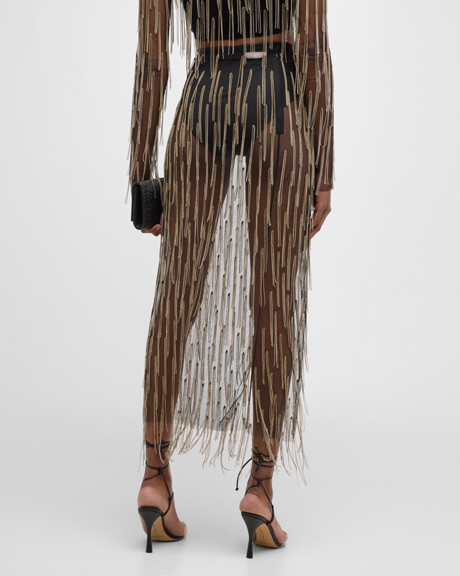 LAPOINTE Crystal Fringe Side-Slit Mesh Midi Skirt | Neiman Marcus