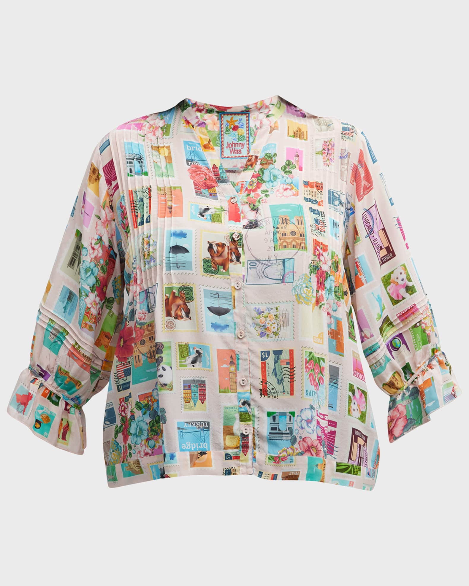 Johnny Was Plus Size Sekai Vacanza Stamp-Print Silk Blouse | Neiman Marcus