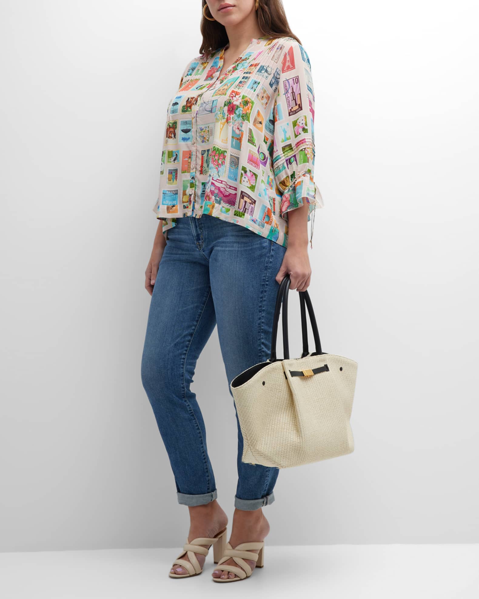 Johnny Was Plus Size Sekai Vacanza Stamp-Print Silk Blouse | Neiman Marcus
