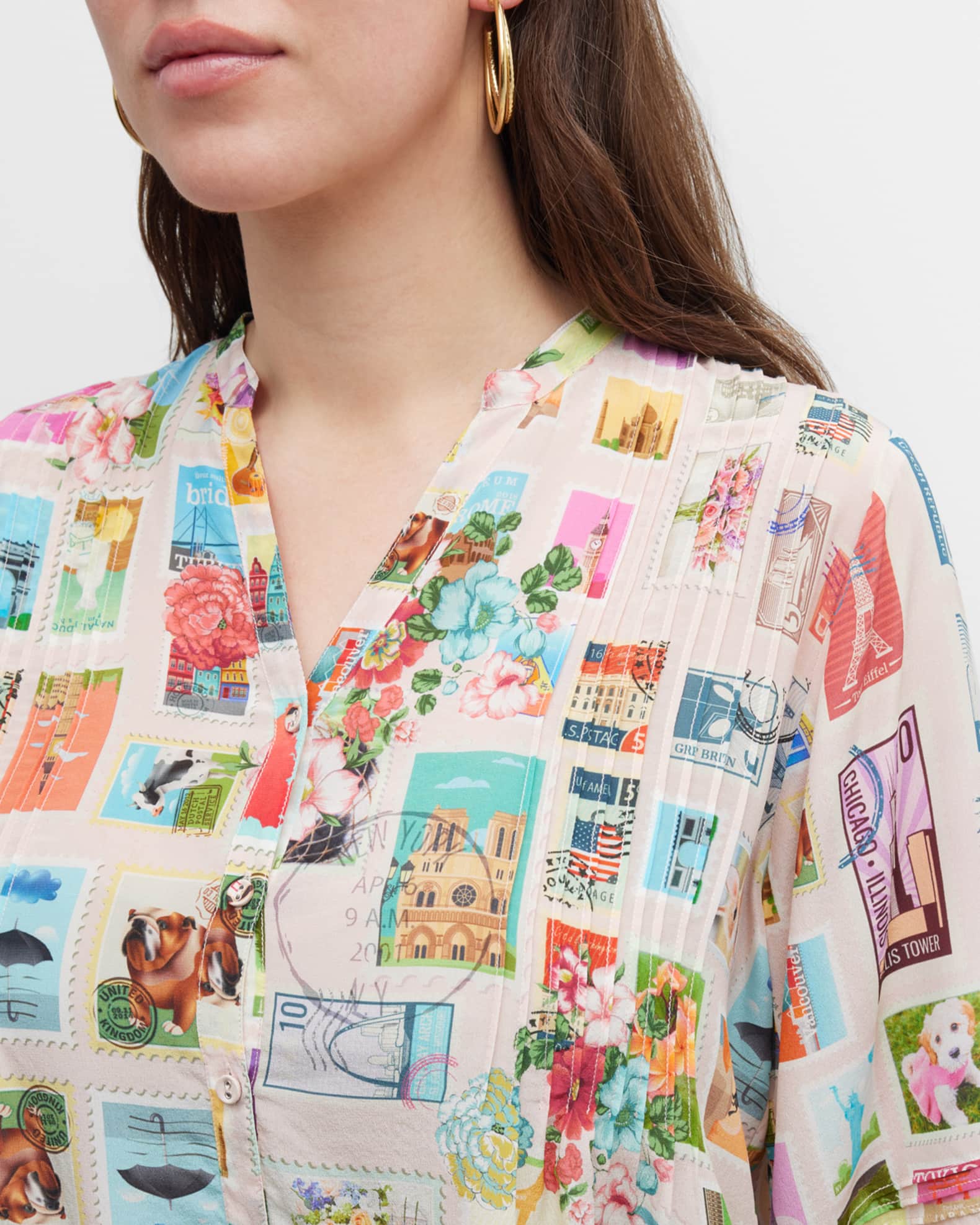 Johnny Was Plus Size Sekai Vacanza Stamp-Print Silk Blouse | Neiman Marcus