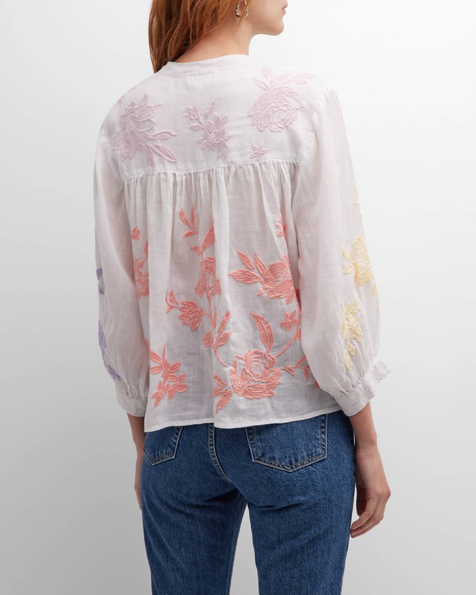 Johnny Was Hazel Floral-Embroidered Button-Down Blouse | Neiman Marcus