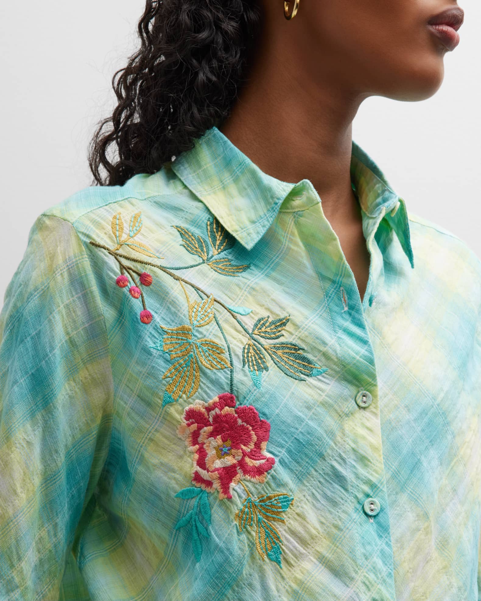 Johnny Was Adele Button-Front Shirt with Embroidered Detail | Neiman Marcus