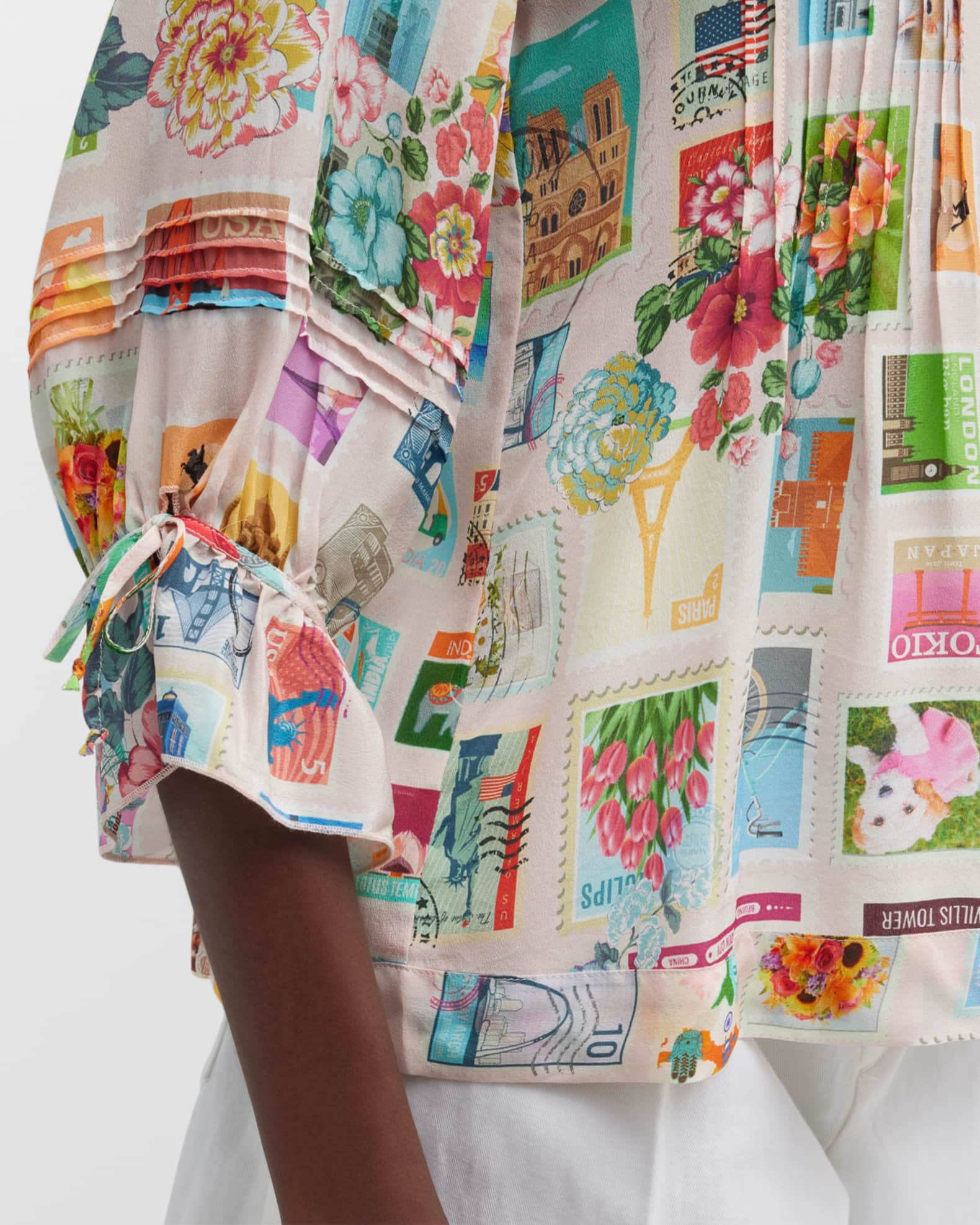 Johnny Was Sekai Vacanza Stamp-Print Silk Blouse | Neiman Marcus