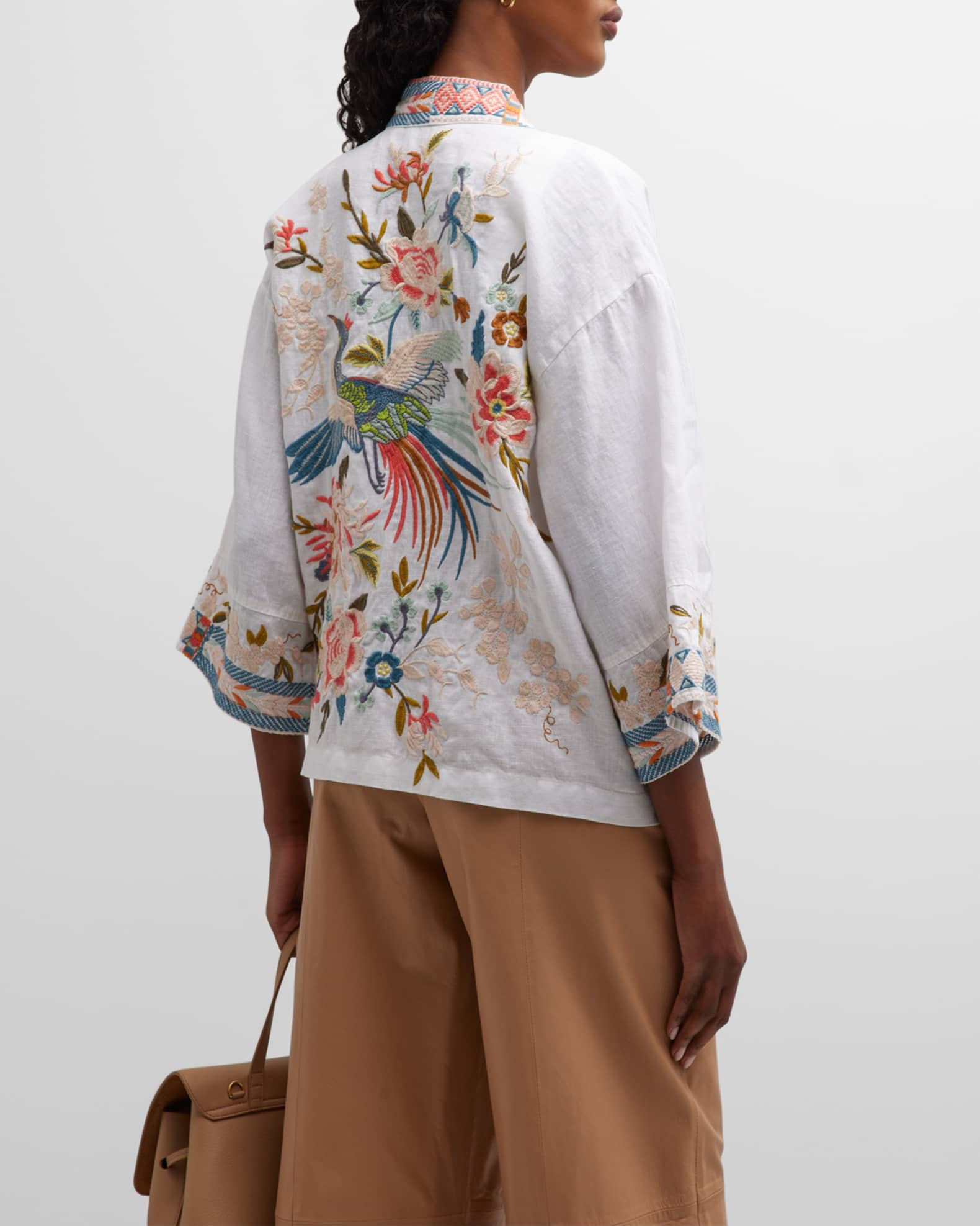 Johnny Was Ceretti Cropped Linen Kimono with Embroidered Detail ...