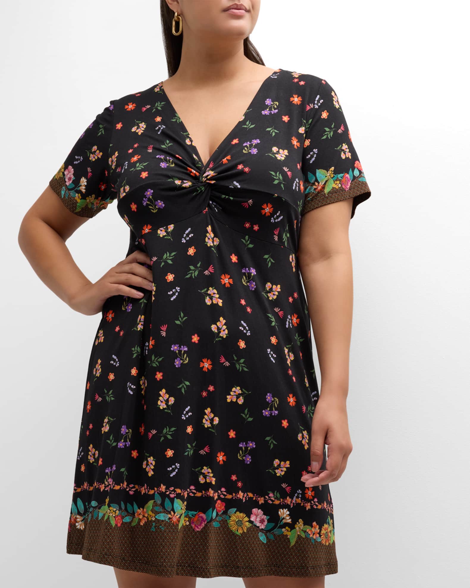Johnny Was Plus Size Nani Floral-Print Twist-Front Dress | Neiman Marcus
