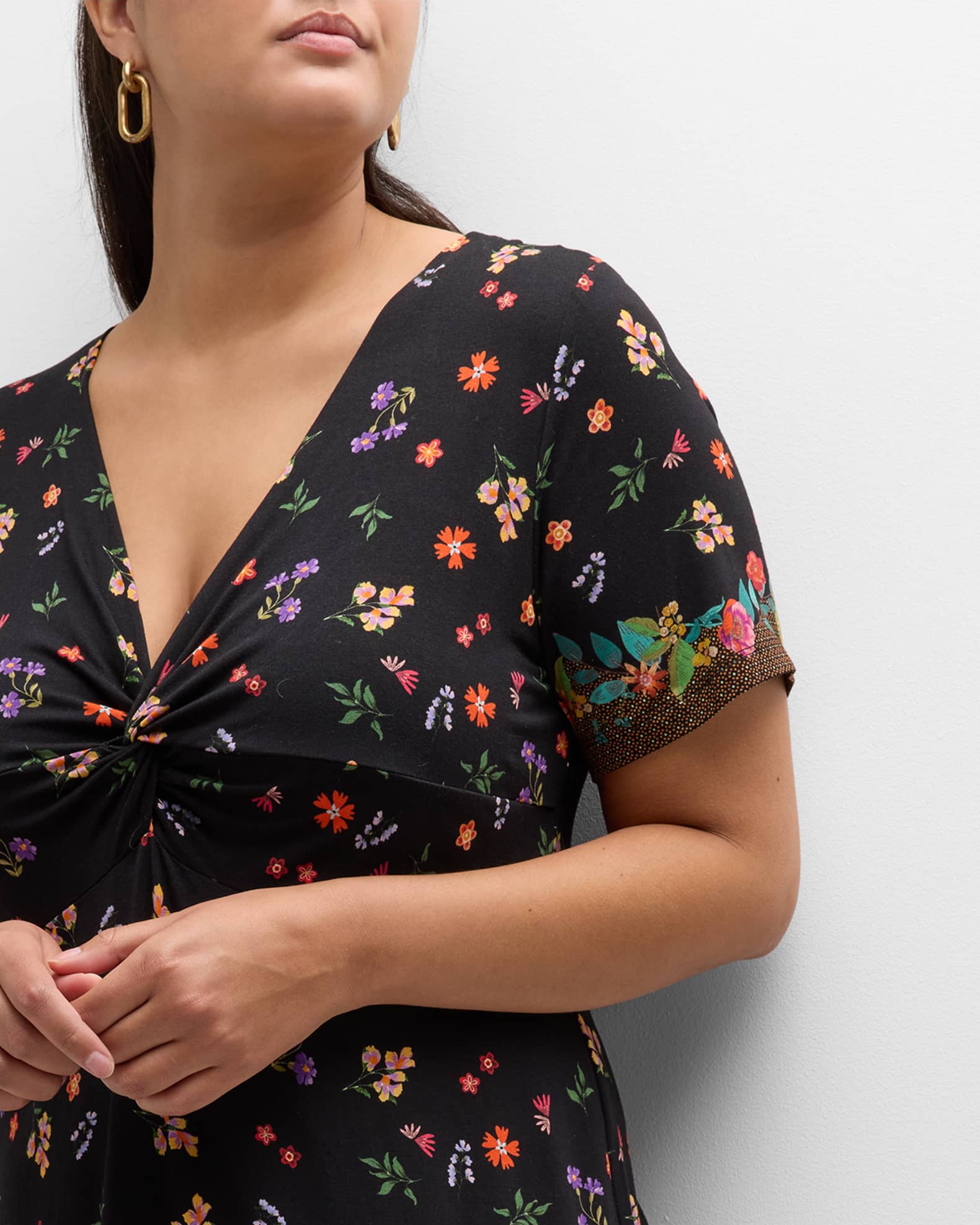 Johnny Was Plus Size Nani Floral-Print Twist-Front Dress | Neiman Marcus