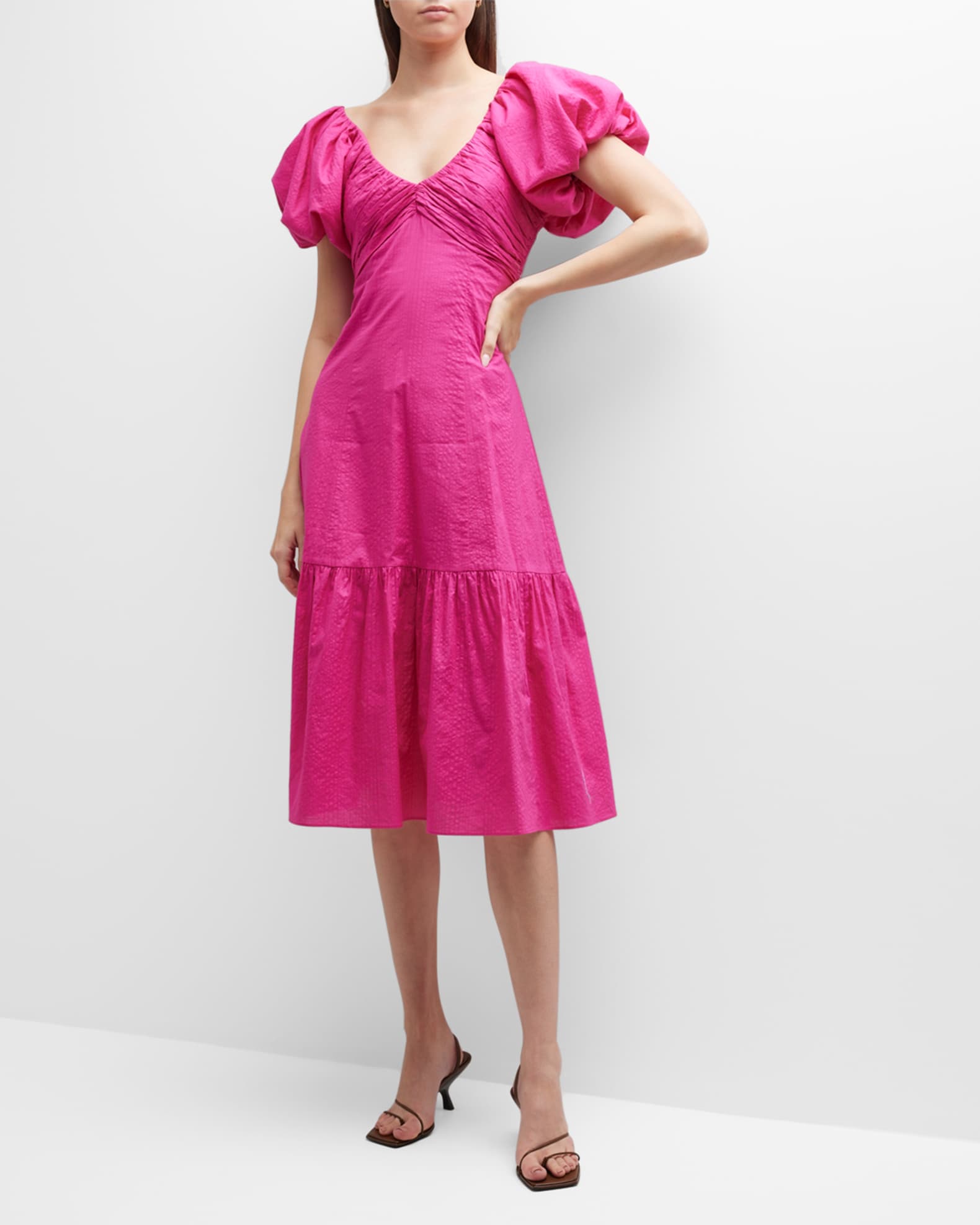 FRAME Puff Sleeve Cotton Midi Dress | Neiman Marcus
