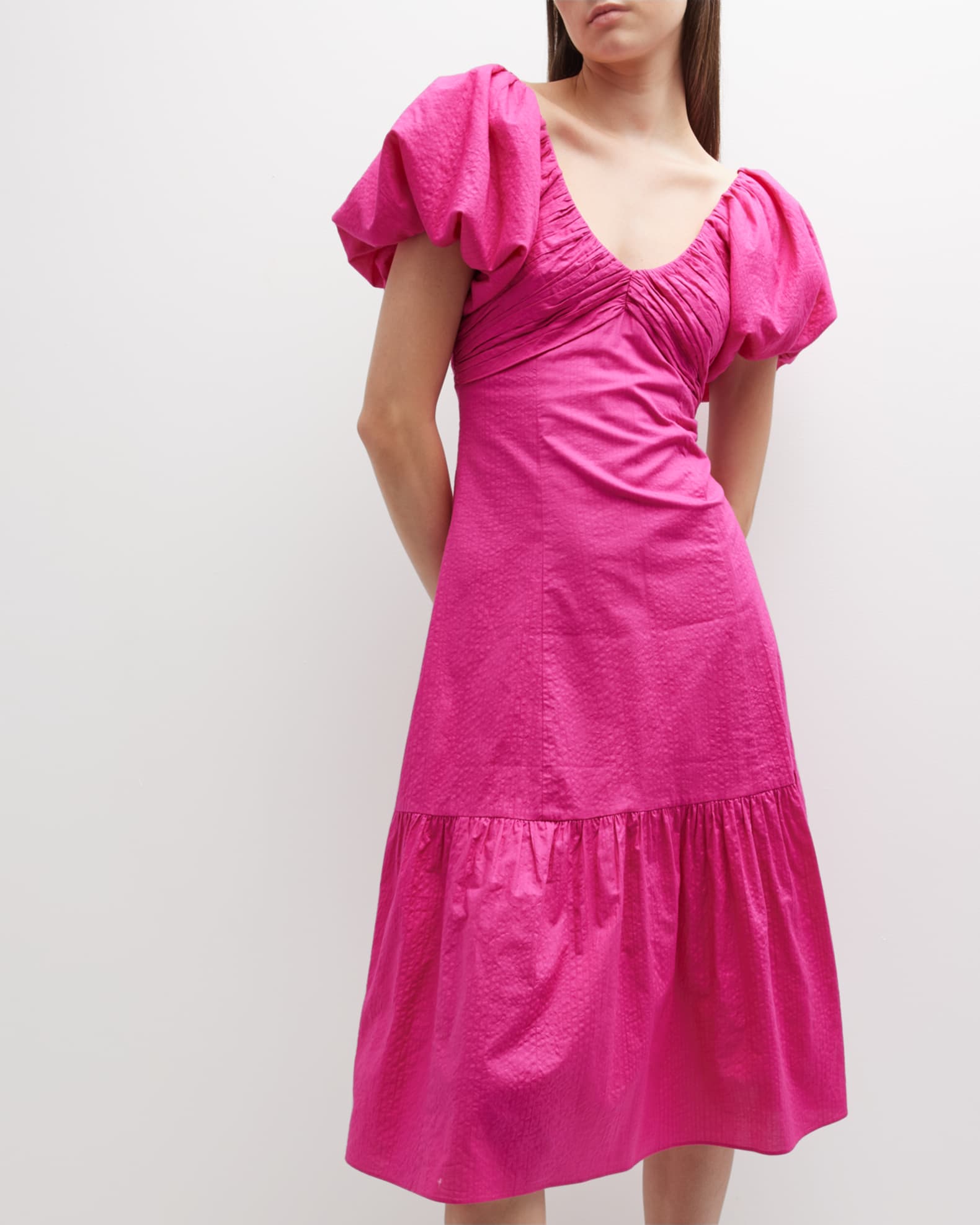 FRAME Puff Sleeve Cotton Midi Dress | Neiman Marcus