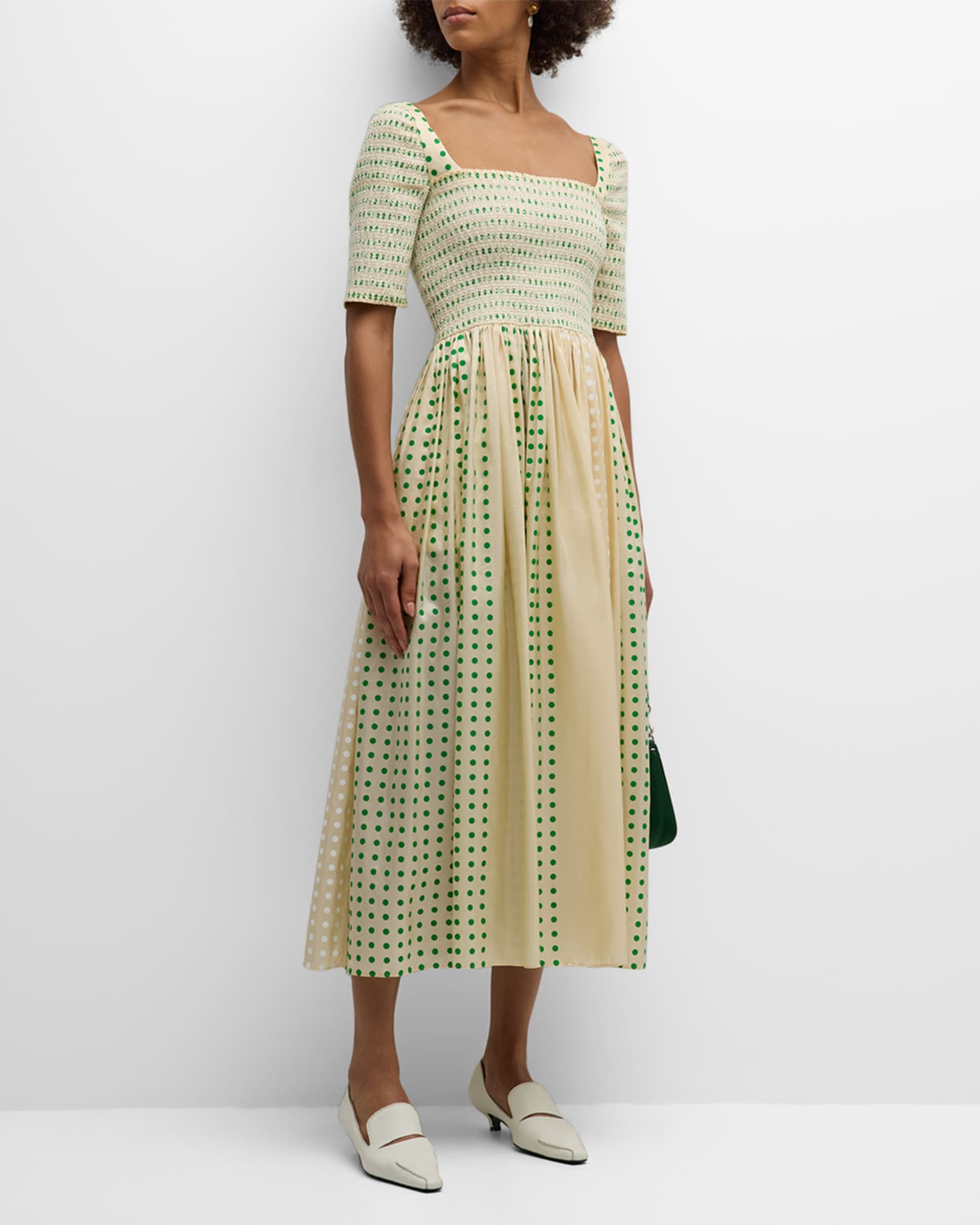 Tory Burch Printed Silk Smocked Midi Dress | Neiman Marcus