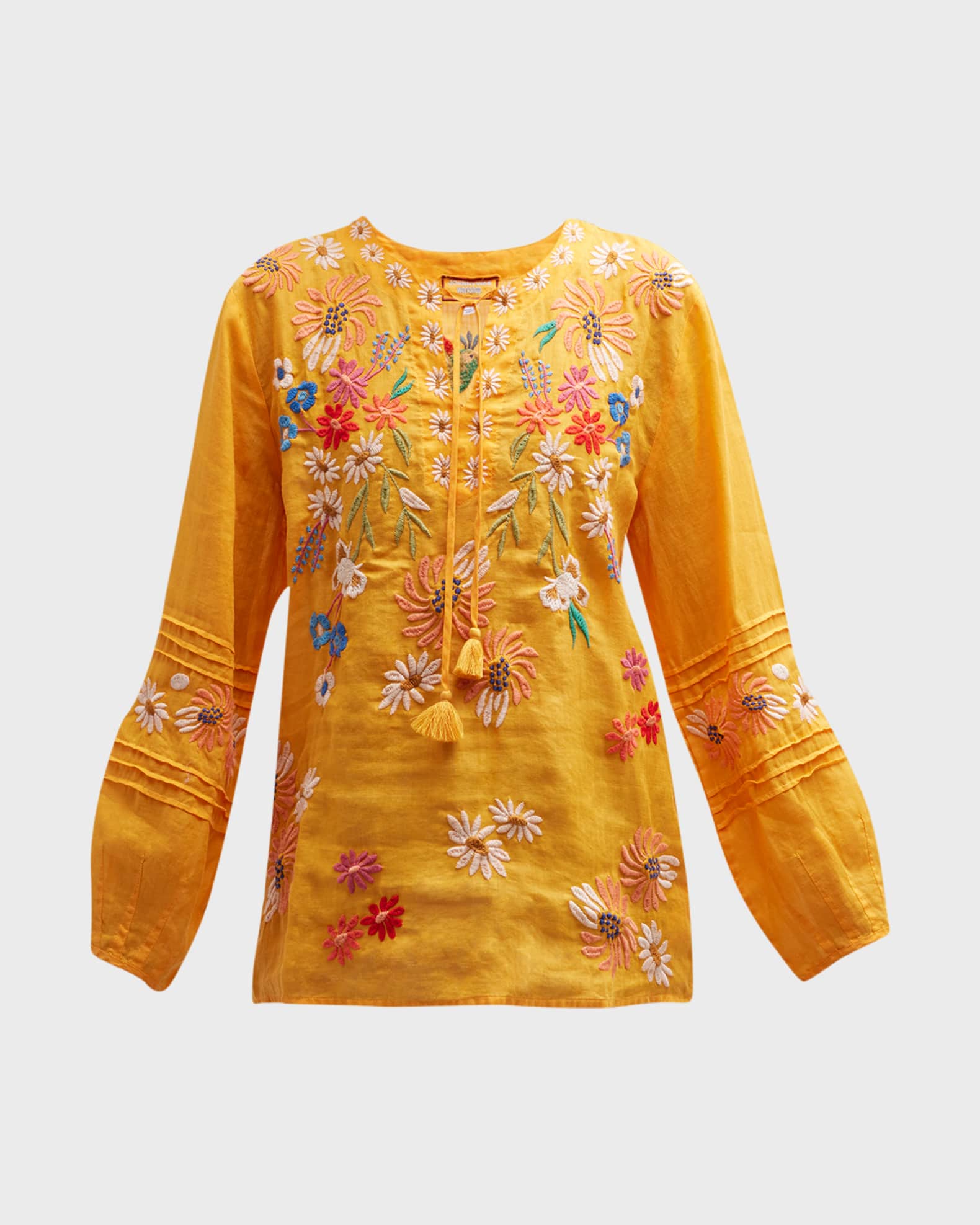 Johnny Was Marissa Floral-Embroidered Pintuck Blouse | Neiman Marcus