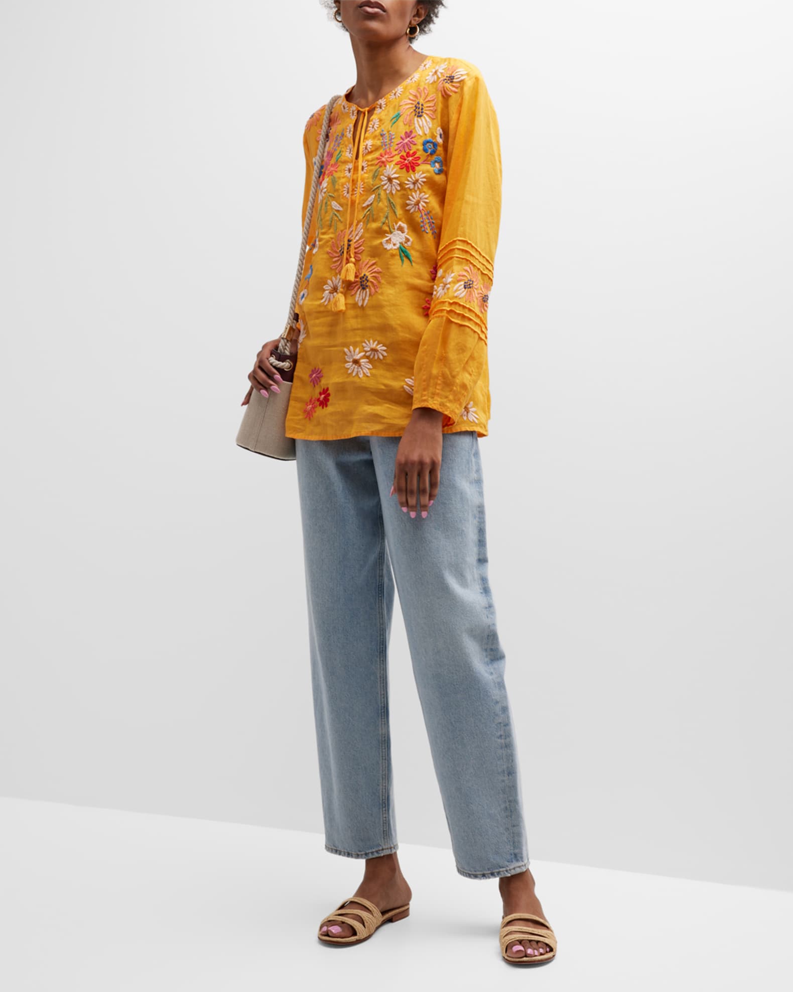 Johnny Was Marissa Floral-Embroidered Pintuck Blouse | Neiman Marcus