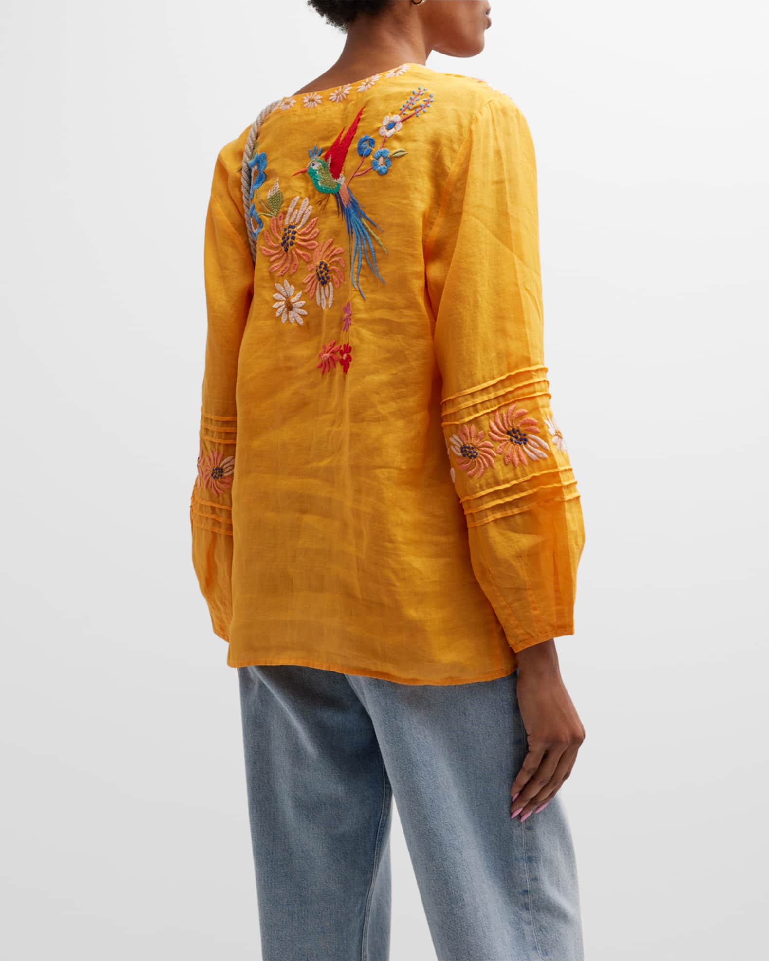 Johnny Was Marissa Floral-Embroidered Pintuck Blouse | Neiman Marcus