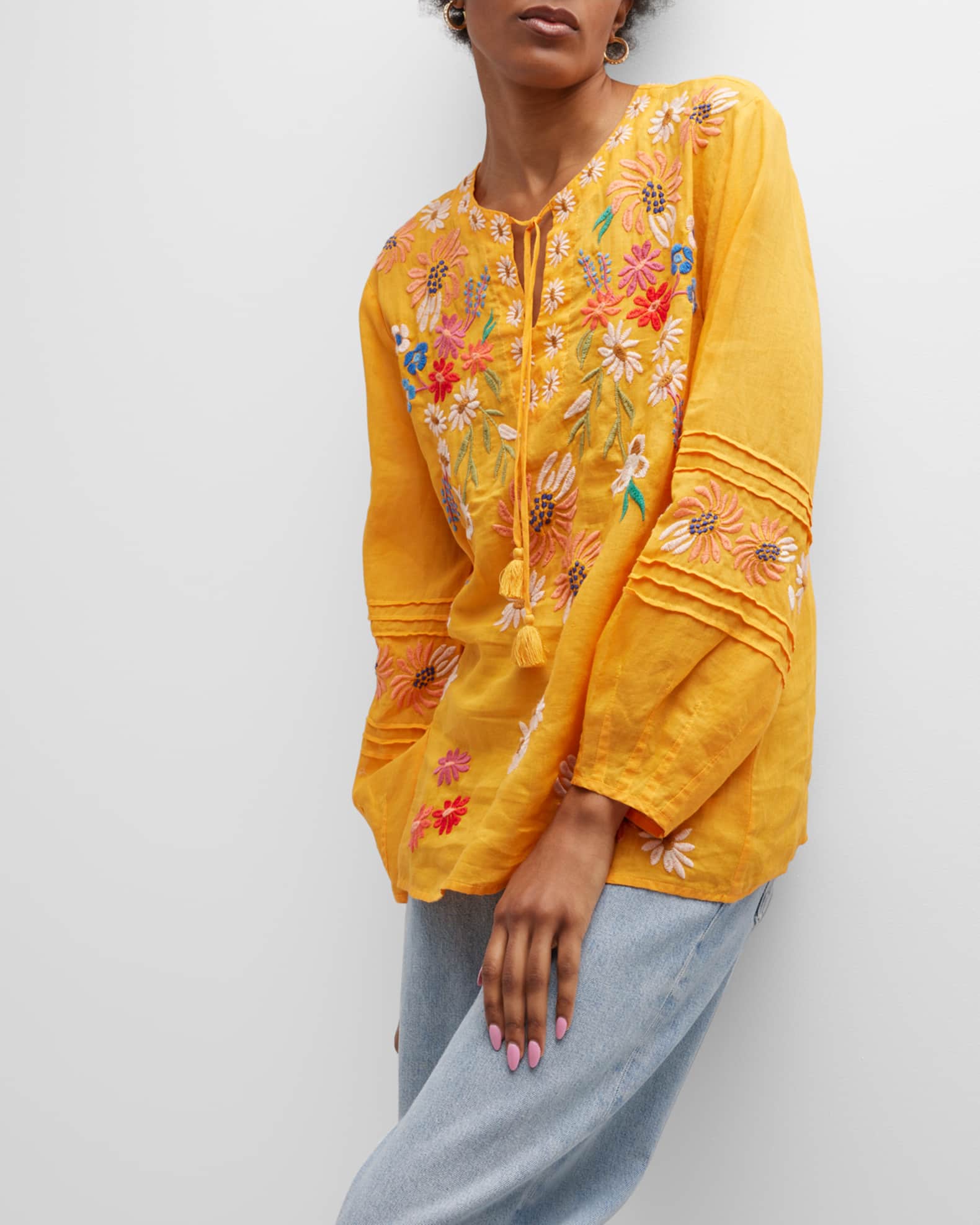 Johnny Was Marissa Floral-Embroidered Pintuck Blouse | Neiman Marcus