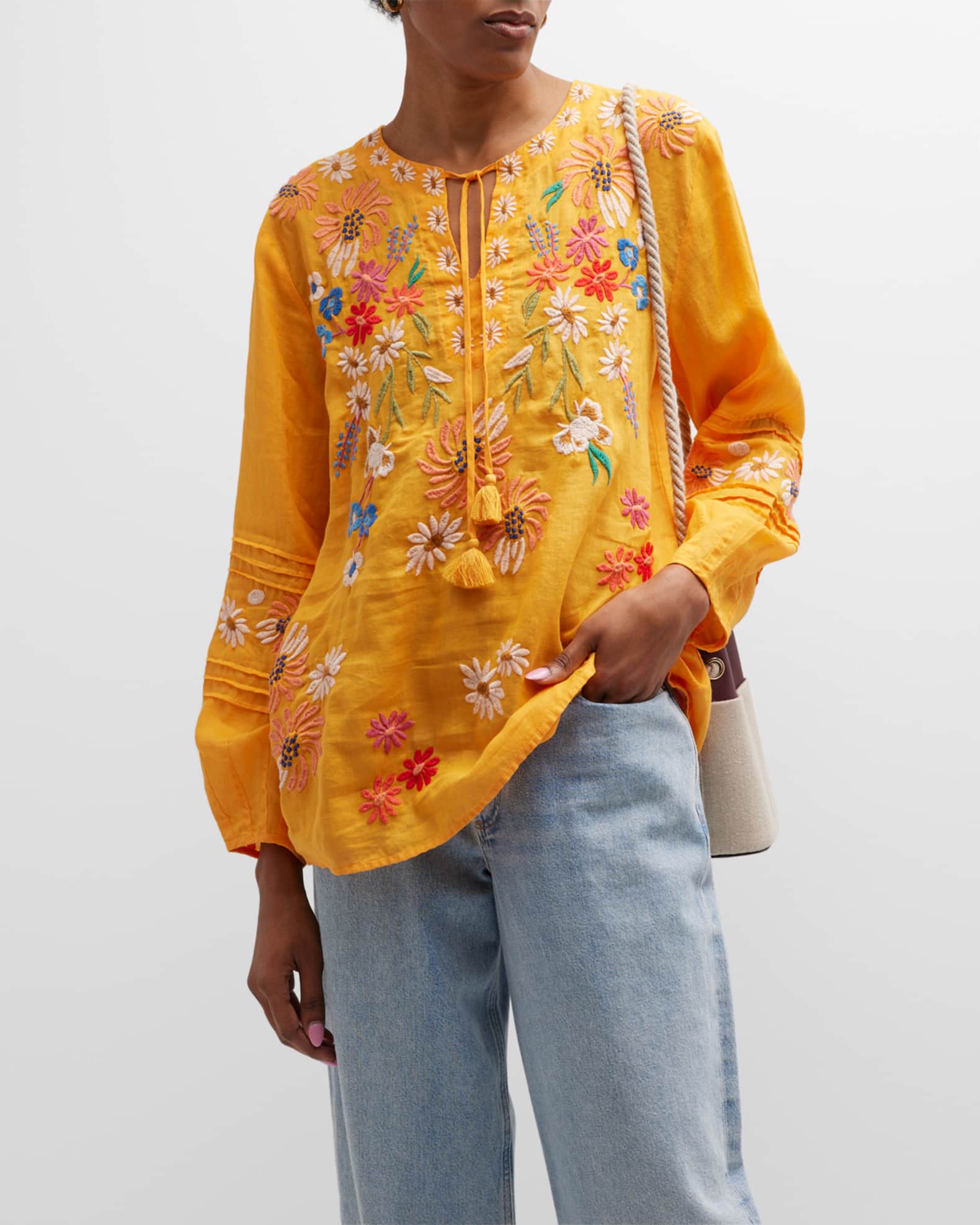 Johnny Was Marissa Floral-Embroidered Pintuck Blouse | Neiman Marcus