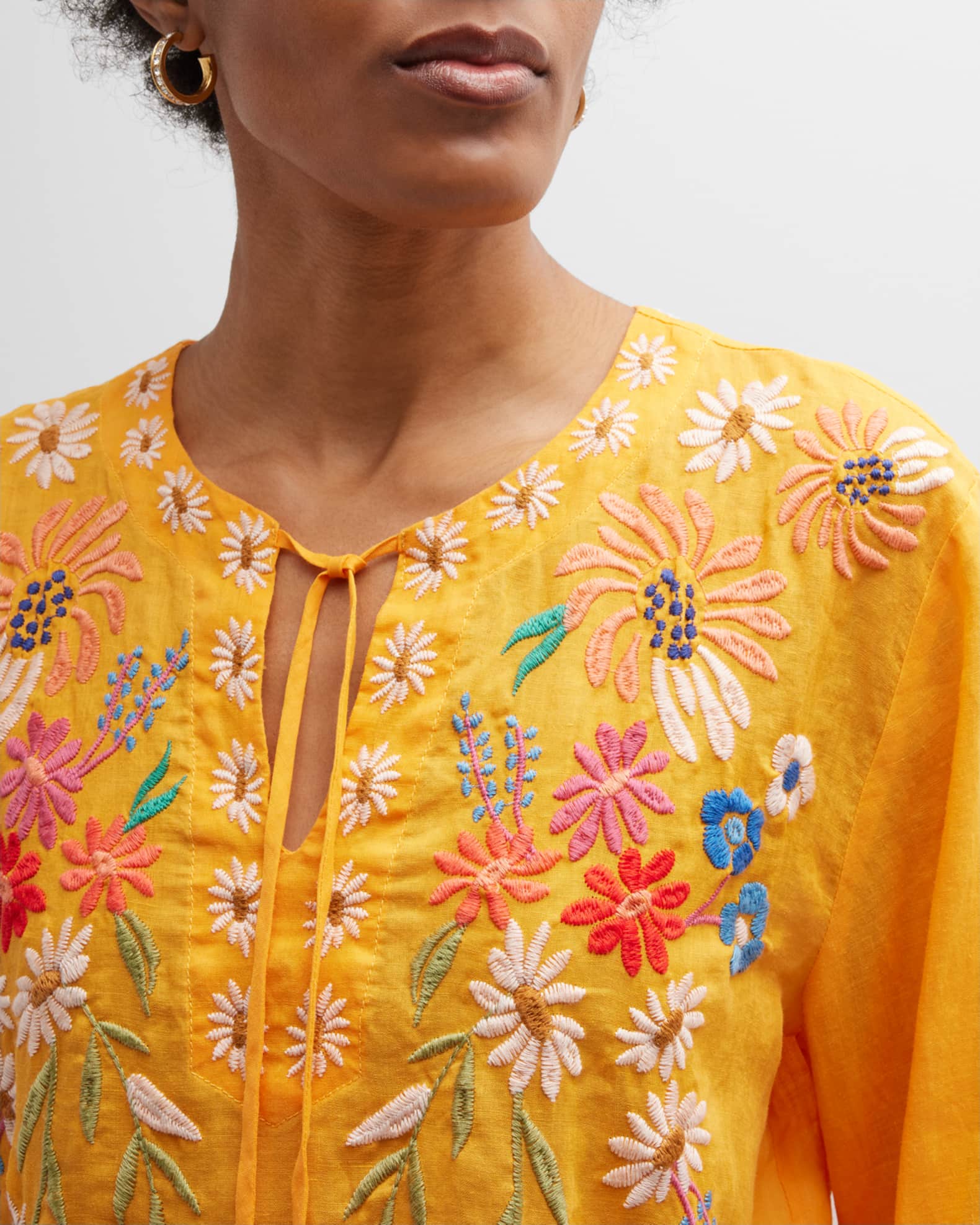 Johnny Was Marissa Floral-Embroidered Pintuck Blouse | Neiman Marcus