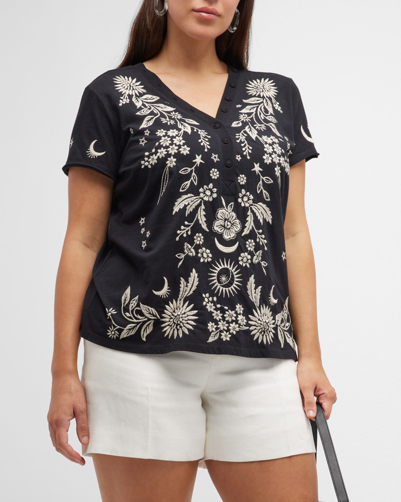 Johnny Was Plus Size Oleander Embroidered Cotton Tee | Neiman Marcus