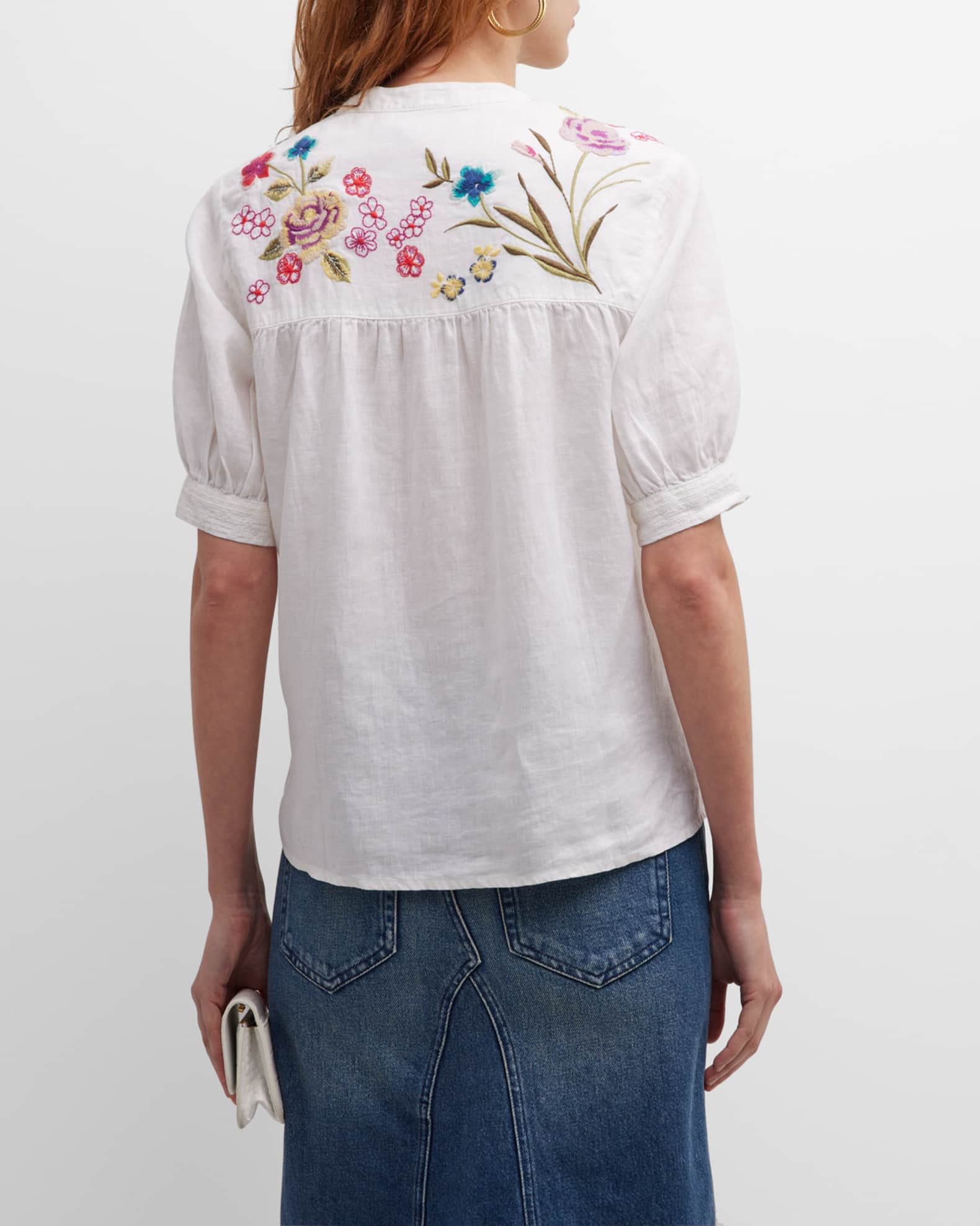 Johnny Was Jessi Embroidered Puff-Sleeve Linen Blouse | Neiman Marcus