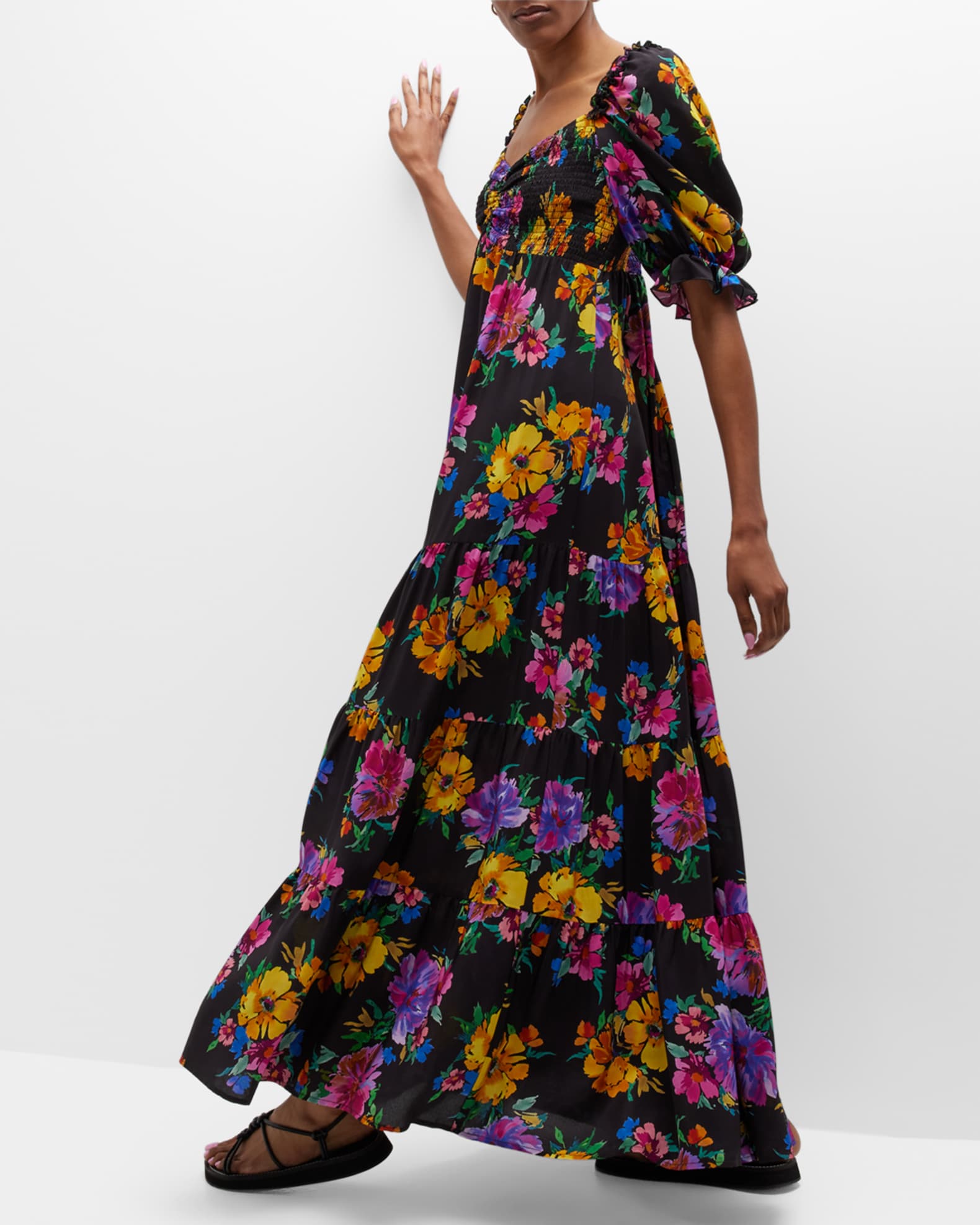 Johnny Was Poppy Smocked Floral-Print Tiered Maxi Dress | Neiman Marcus