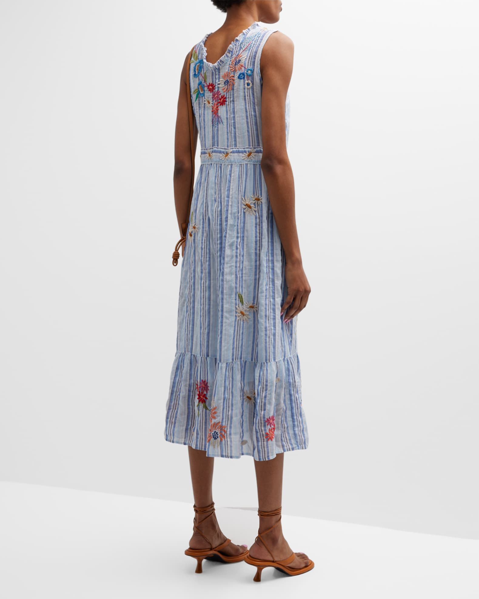 Johnny Was Marissa Striped Floral-Embroidered Midi Dress | Neiman Marcus