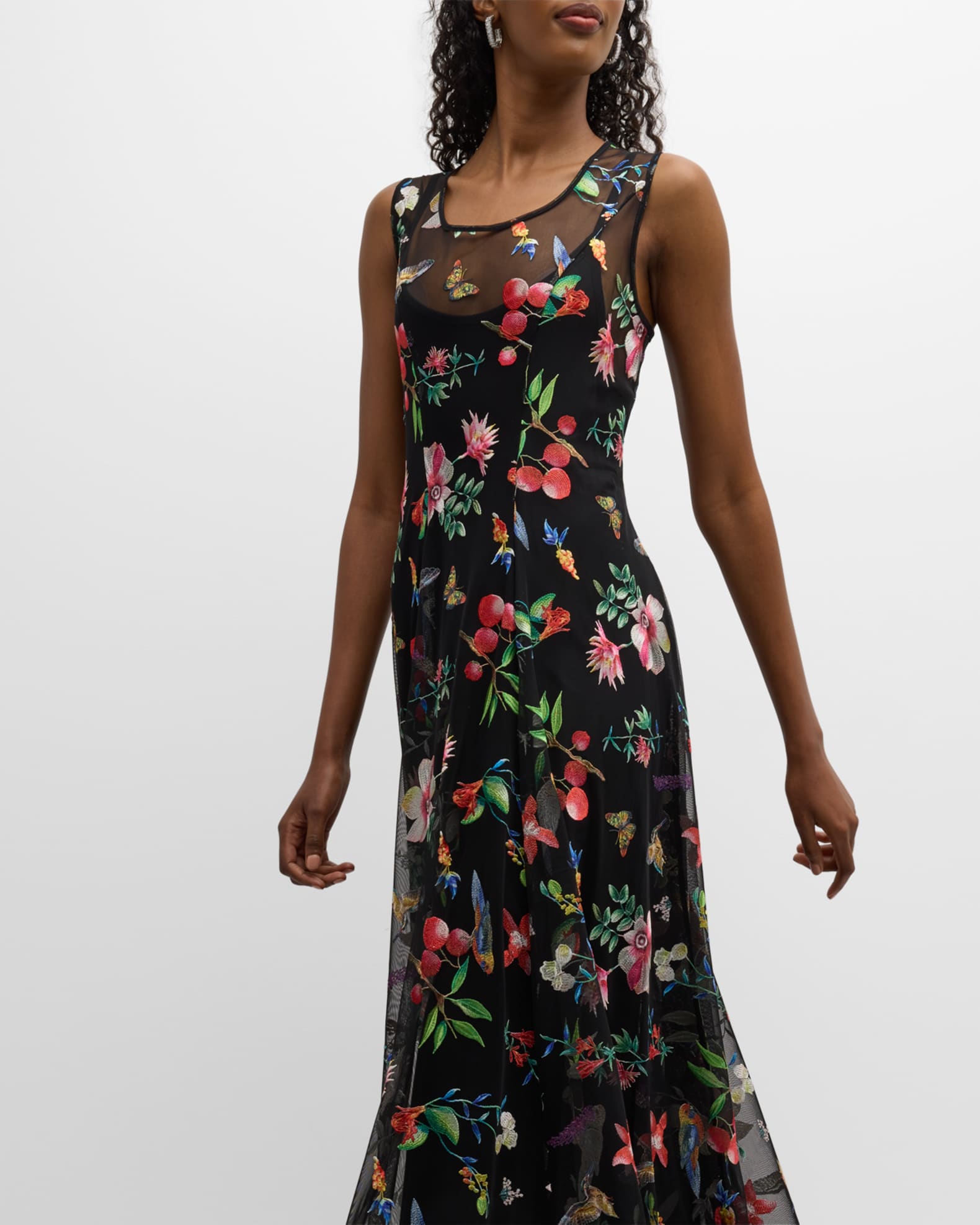 Johnny Was Emilda Embroidered Sleeveless Mesh Maxi Dress | Neiman Marcus