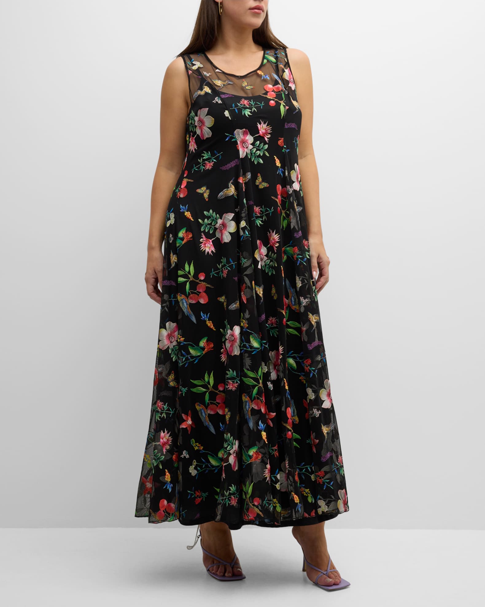 Johnny Was Plus Size Emilda Embroidered Mesh Maxi Dress | Neiman Marcus