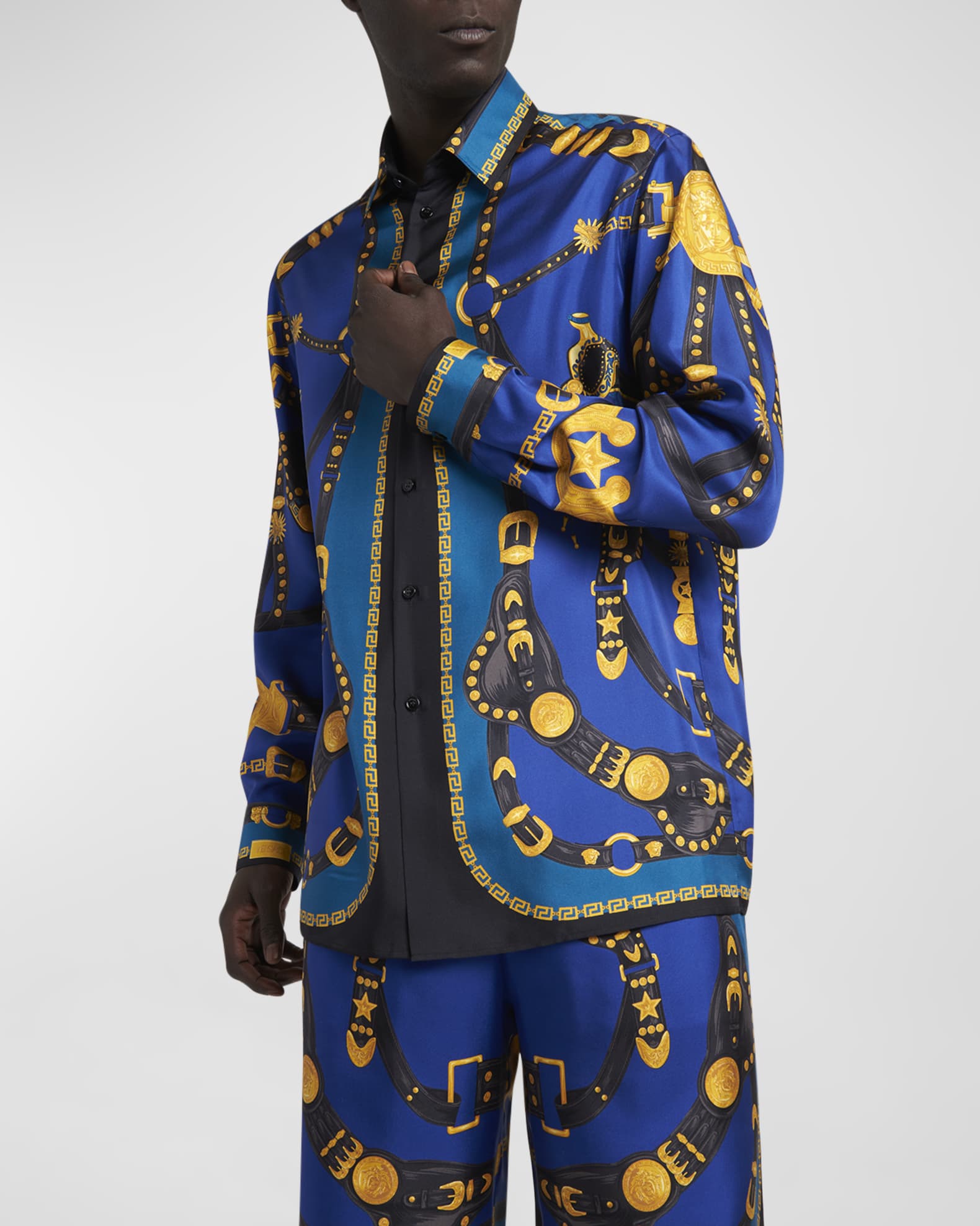 Versace Men's Medusa Harness-Print Silk Sport Shirt | Neiman Marcus