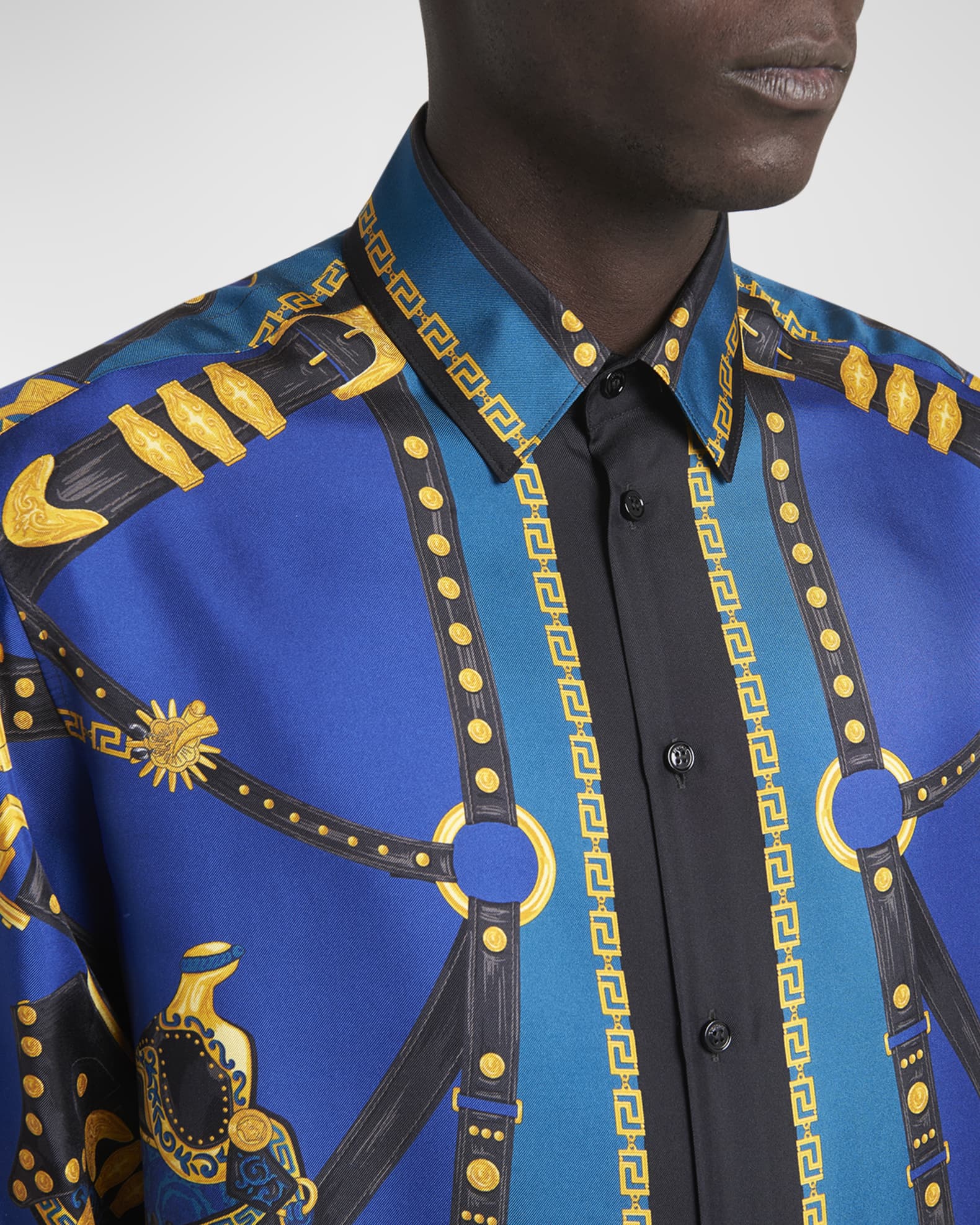 Versace Men's Medusa Harness-Print Silk Sport Shirt | Neiman Marcus