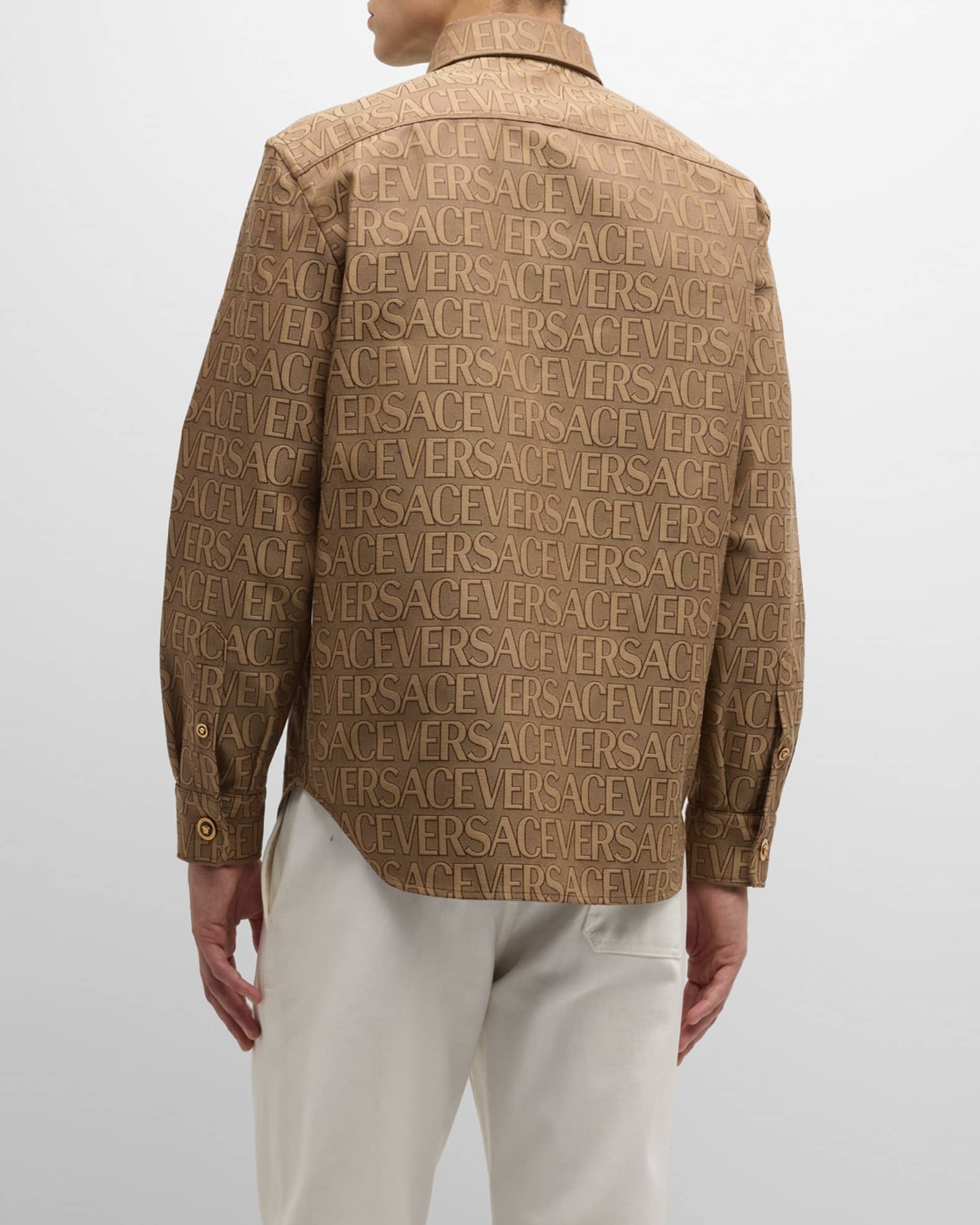 Versace Men's Long-Sleeve Tech Canvas Allover Logo Shirt | Neiman Marcus