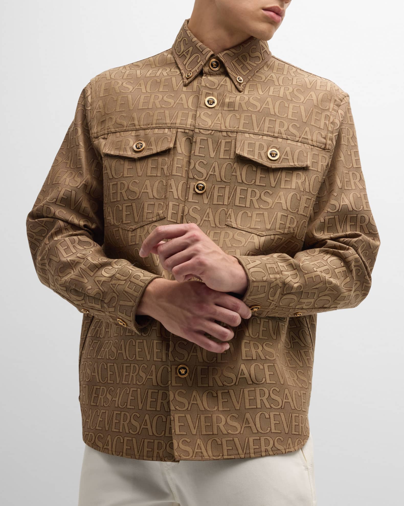 Versace Men's Long-Sleeve Tech Canvas Allover Logo Shirt | Neiman Marcus