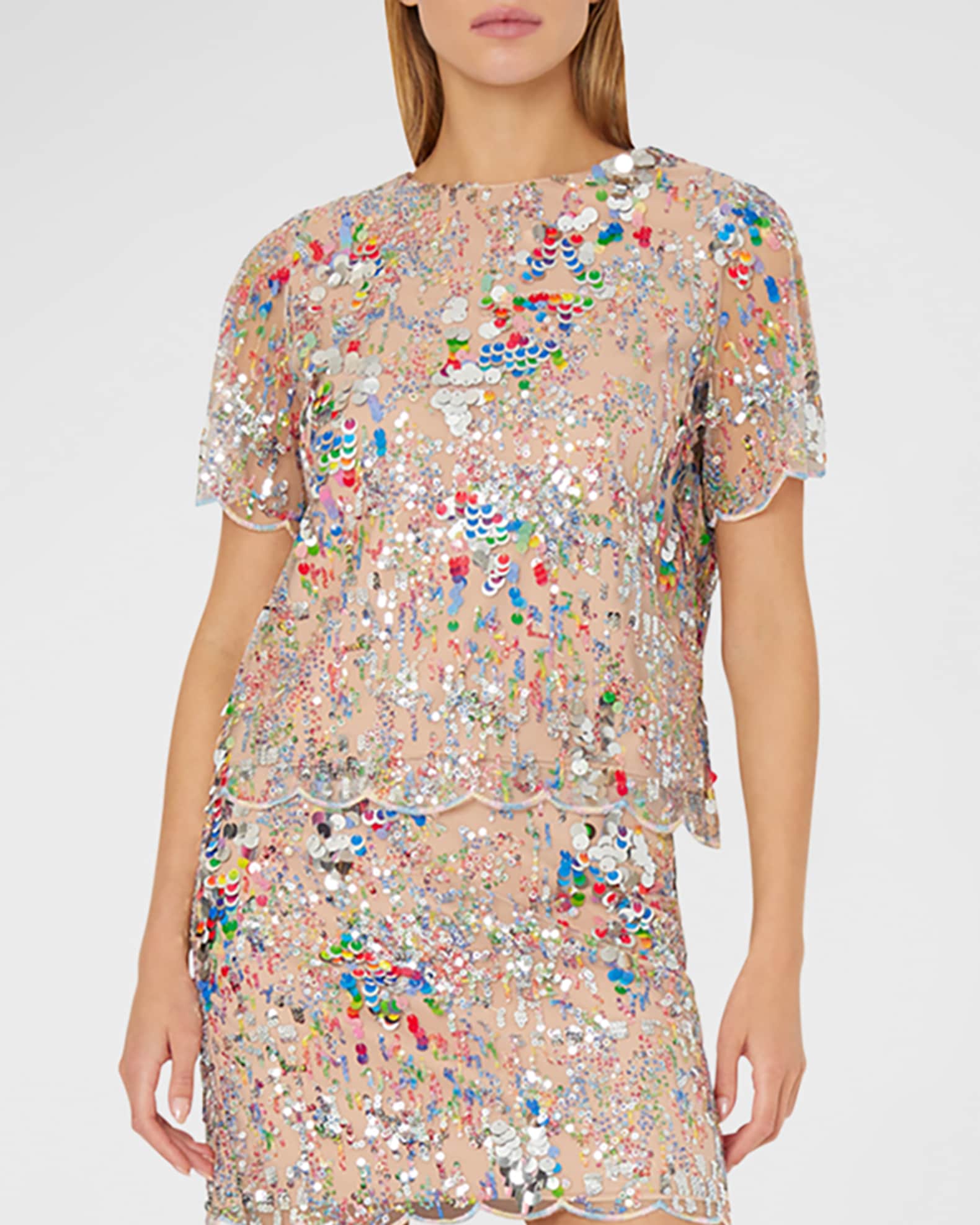 Milly Katelynn Scalloped Sequin Tee | Neiman Marcus