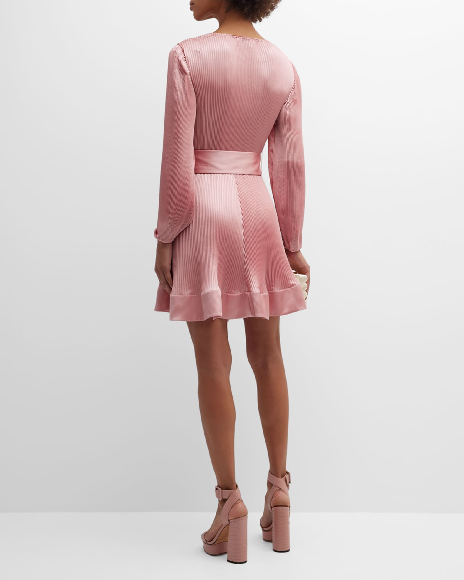 Milly Liv Pleated Blouson-Sleeve Satin Mini Dress | Neiman Marcus