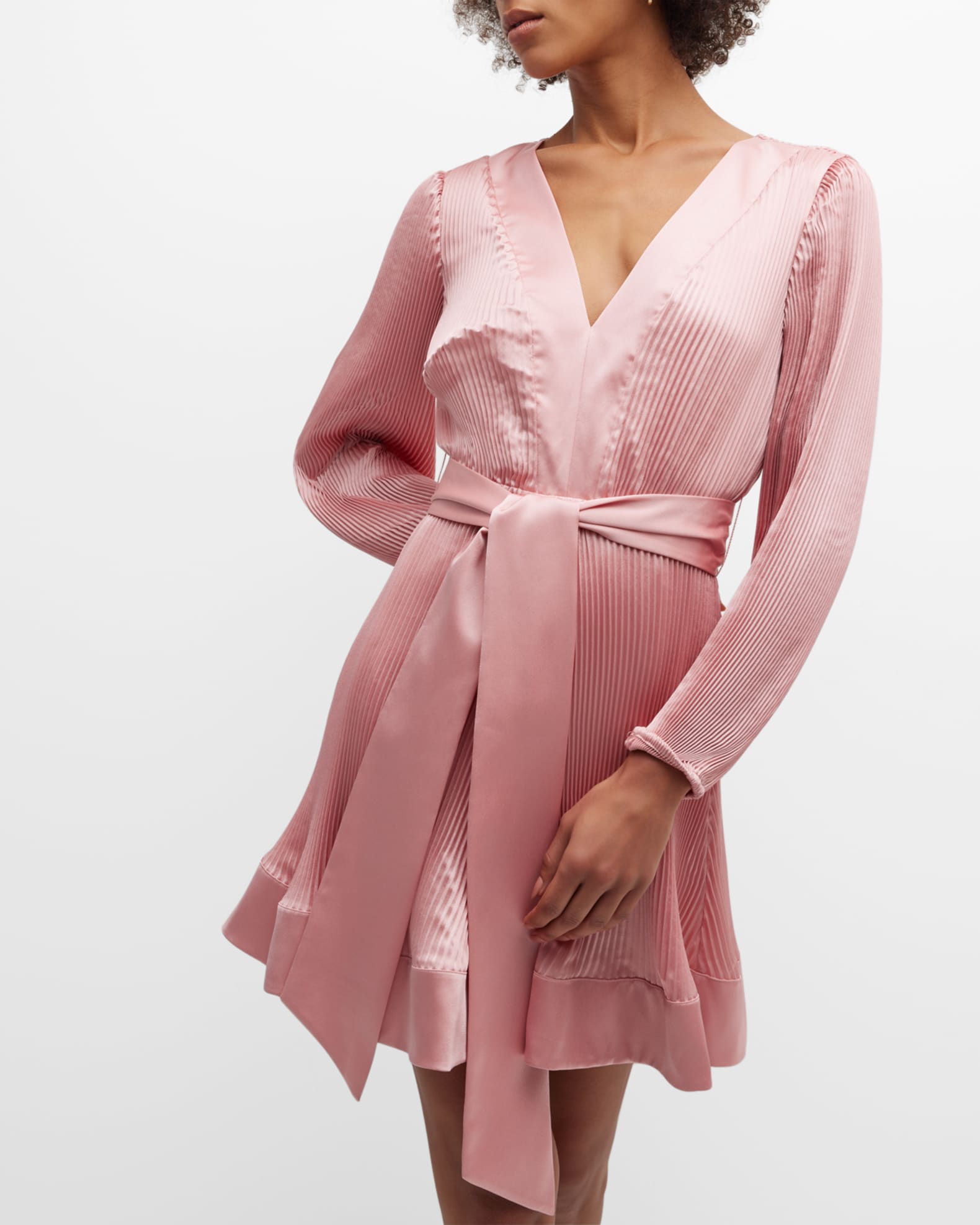 Milly Liv Pleated Blouson-Sleeve Satin Mini Dress | Neiman Marcus