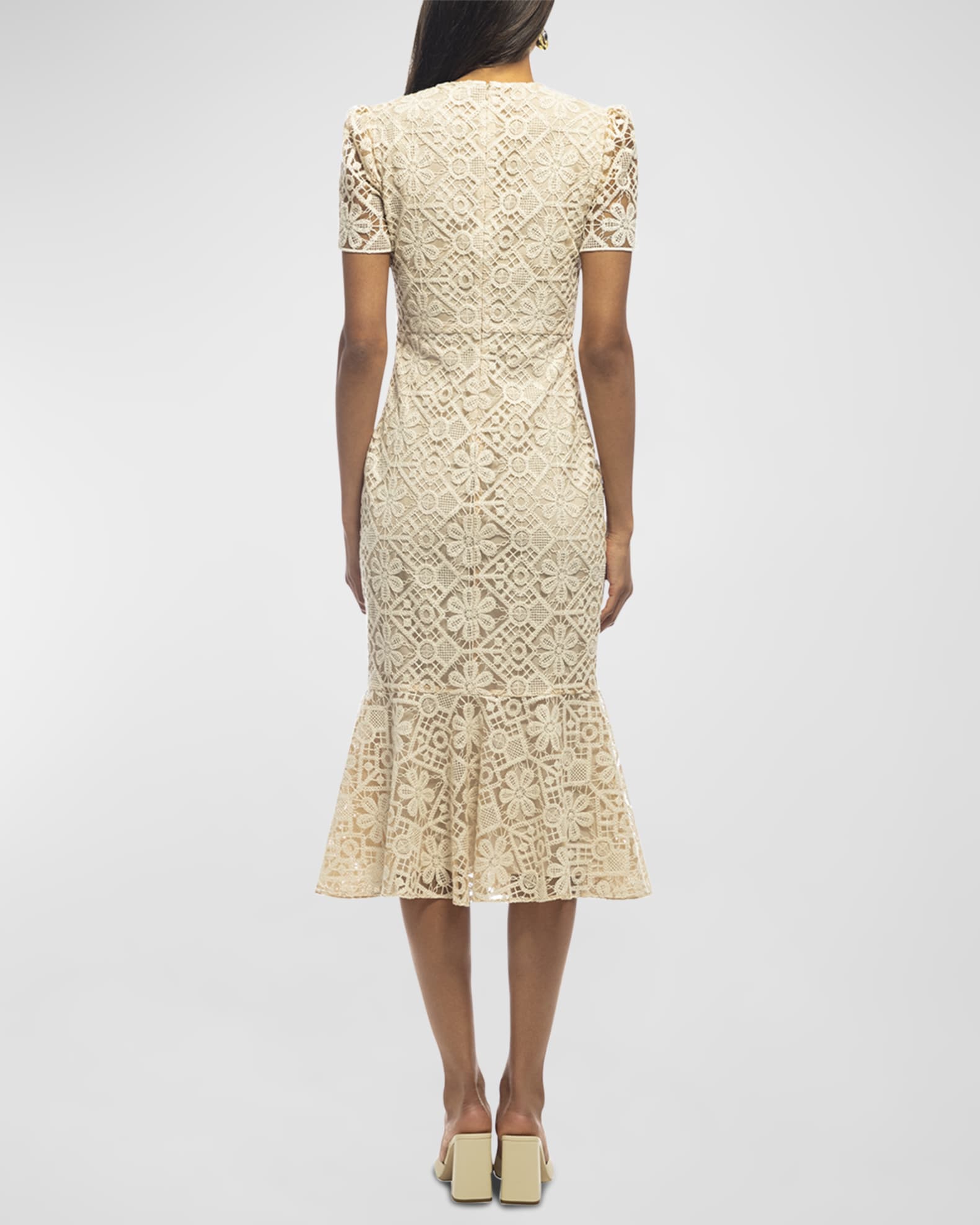 Shoshanna Thompson Lace Short-Sleeve Flounce-Hem Midi Dress | Neiman Marcus