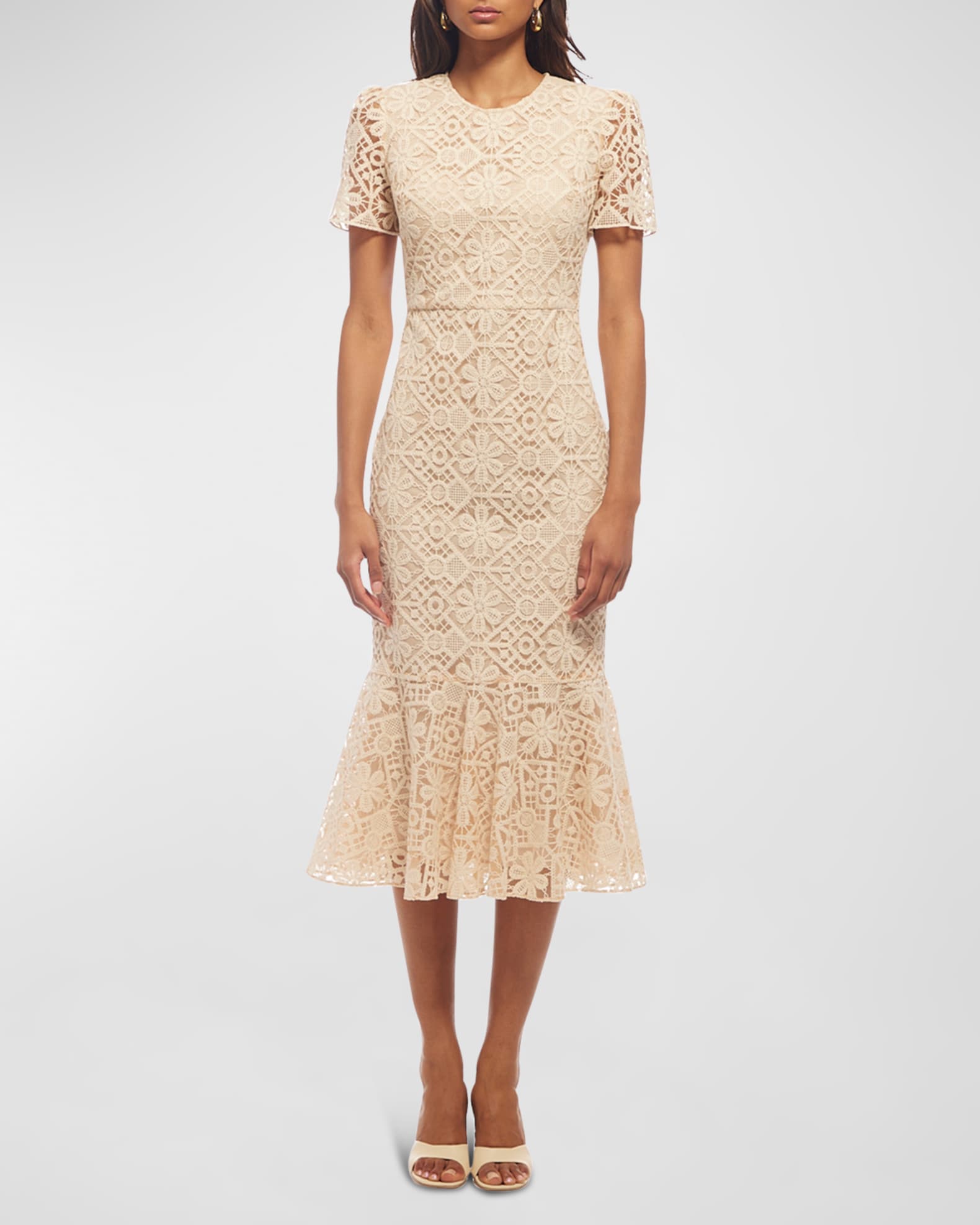 Shoshanna Thompson Lace Short-Sleeve Flounce-Hem Midi Dress | Neiman Marcus