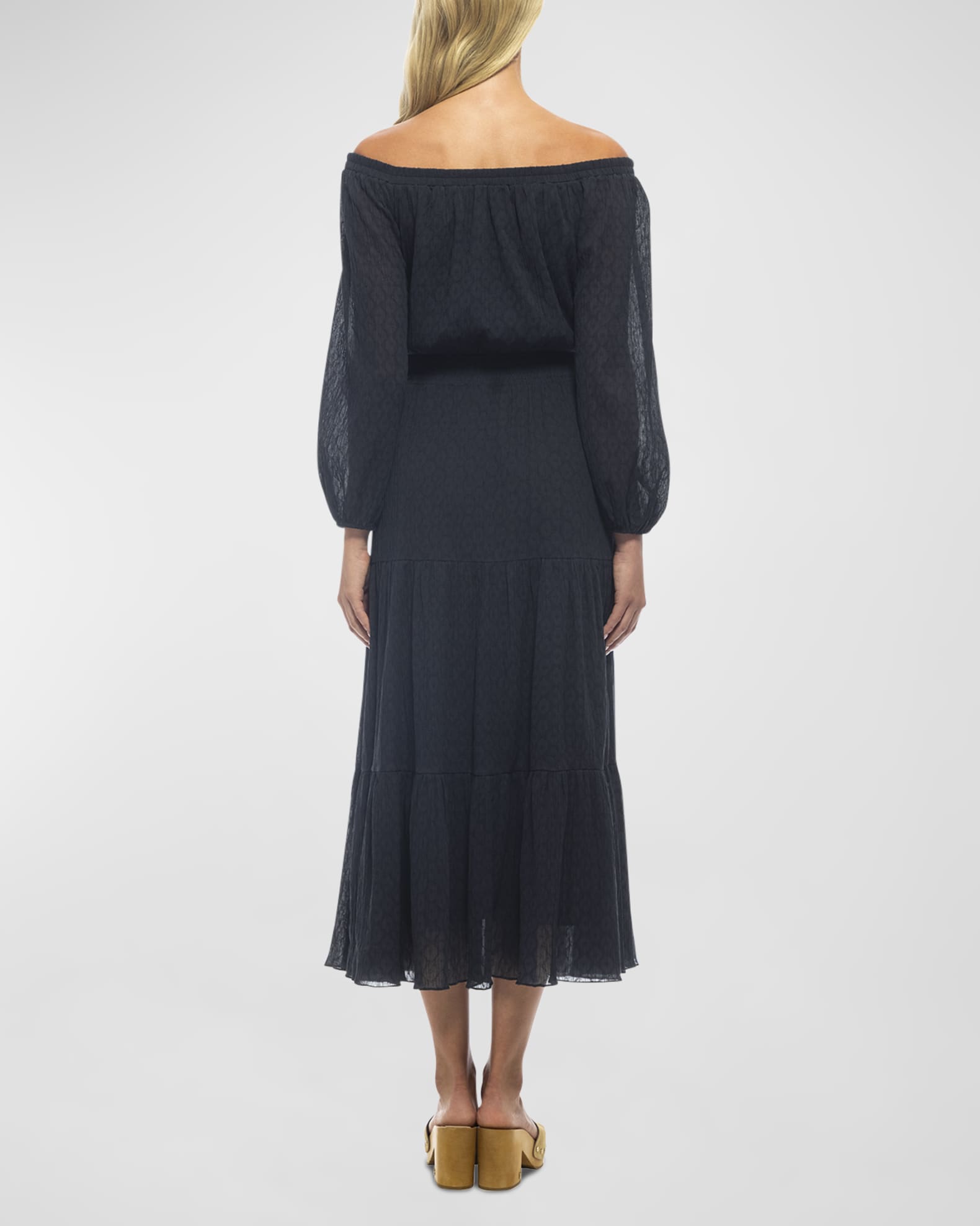 Shoshanna Talon Belted Off-The-Shoulder Tiered Midi Dress | Neiman Marcus